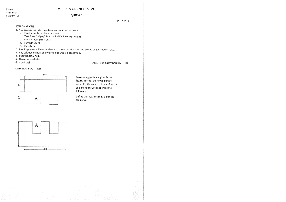 Quiz 1 9 October 2018, questions and answers - Machine Design 1 - Studocu