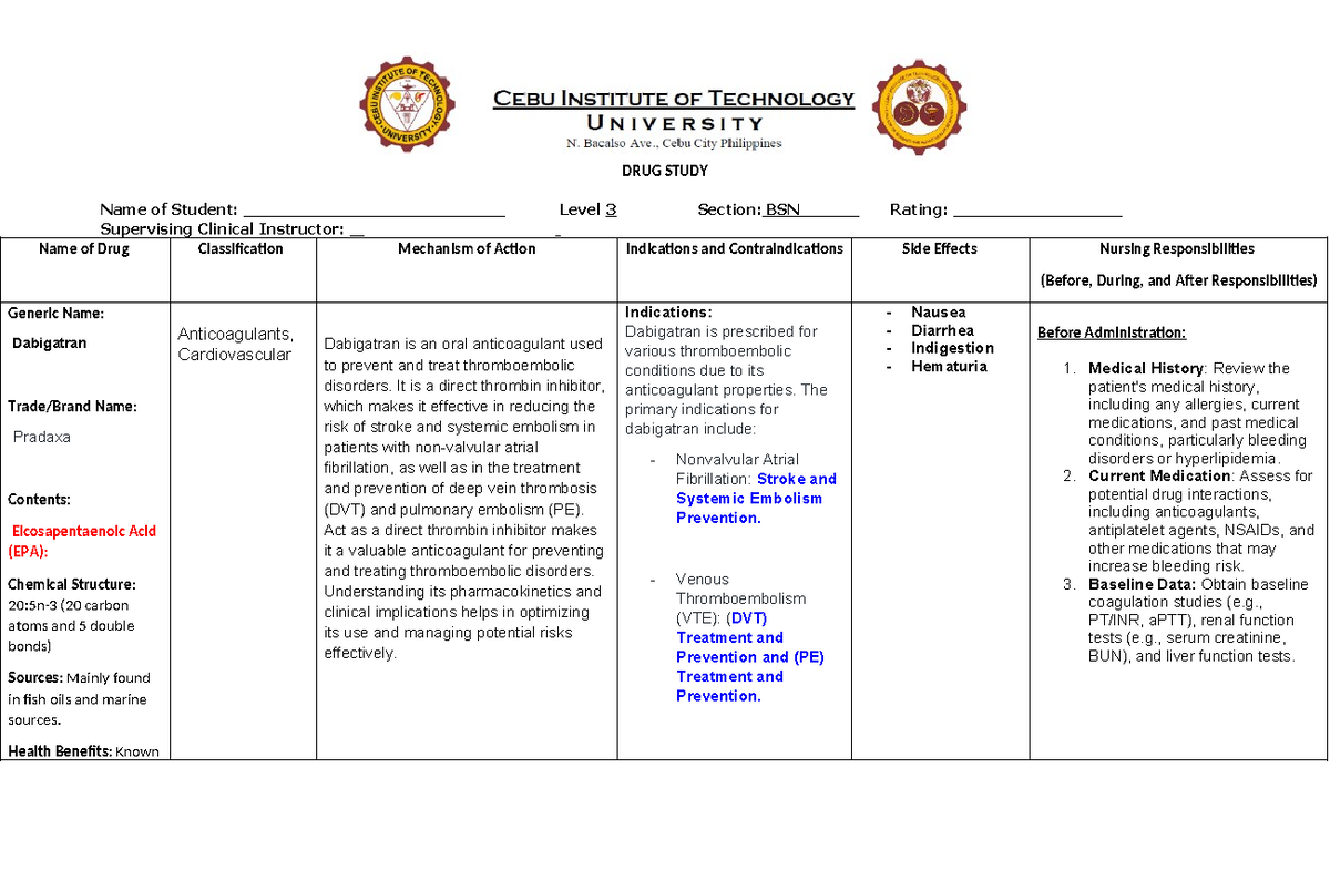 Dabigatran Drug Study - DRUG STUDY Name of Student: Level 3 Section ...