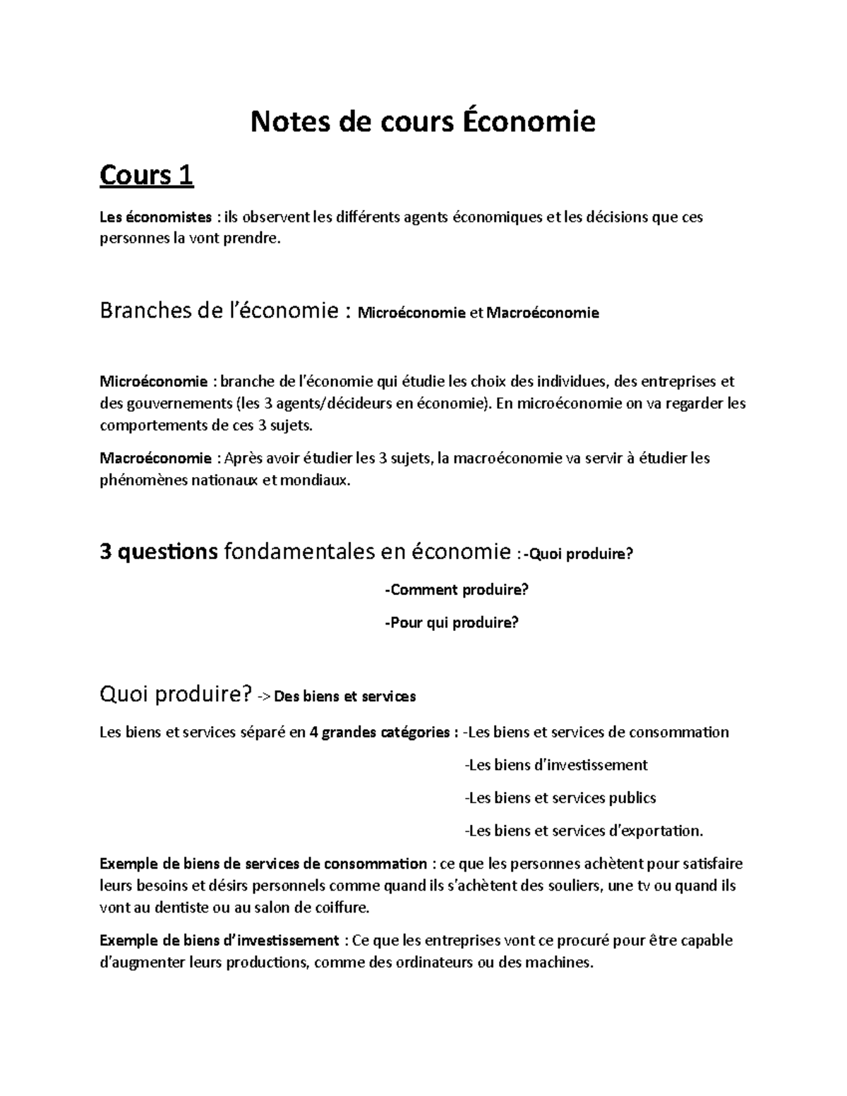 Notes de cours Économie - Notes de cours Économie Cours 1 Les ...
