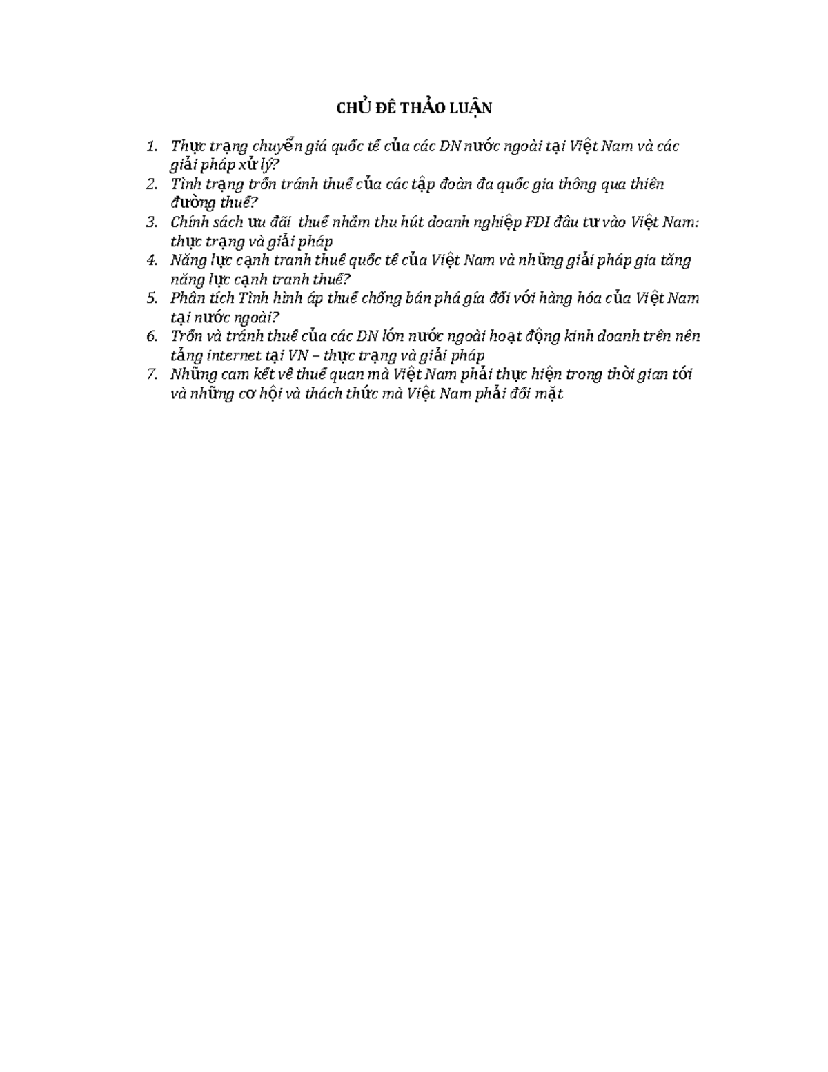 CHỦ ĐỀ THẢO LUẬN - 2022 - chính quy - CH Ủ ĐỀỀ TH ẢO LU ẬN Th ực tr ng chuy ạ ển giá quốốc tếố c ...