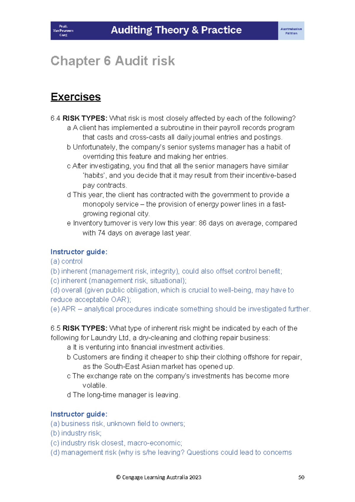 Session 3 Ch 6 - Auditing question and answer - Chapter 6 Audit risk Exercises 6 RISK TYPES ...