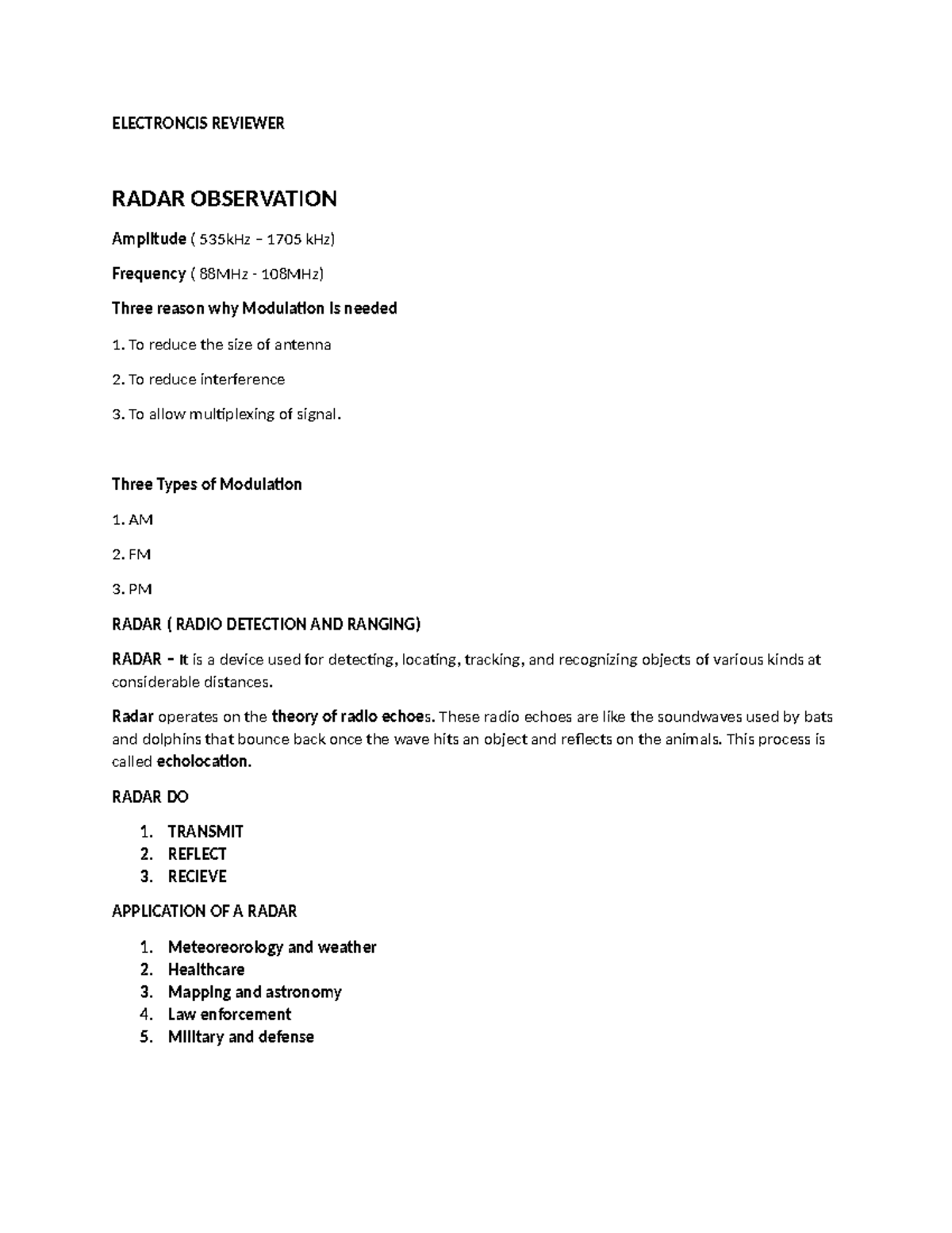 Electronics-reveiewer - ELECTRONCIS REVIEWER RADAR OBSERVATION ...