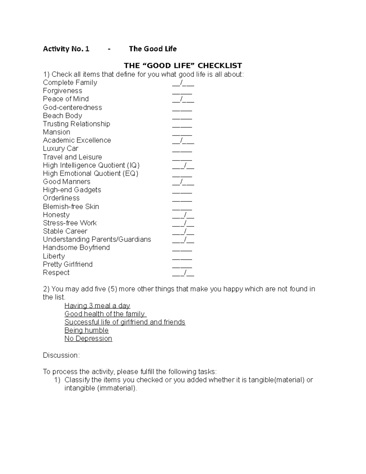Activity No. 1 Good life for you - Activity No. 1 - The Good Life THE ...