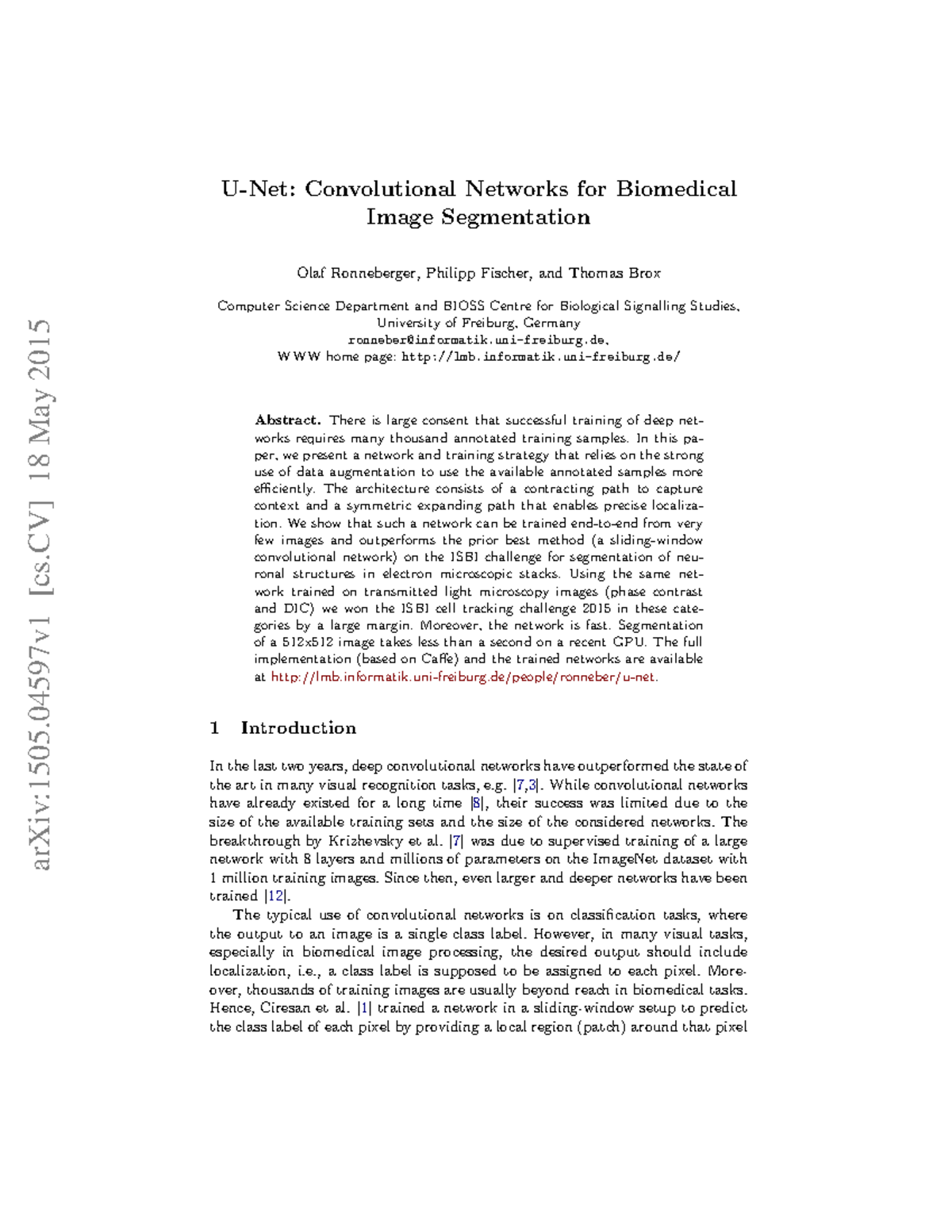 1505 - UNet - U-Net: Convolutional Networks for Biomedical Image Segmentation Olaf Ronneberger ...