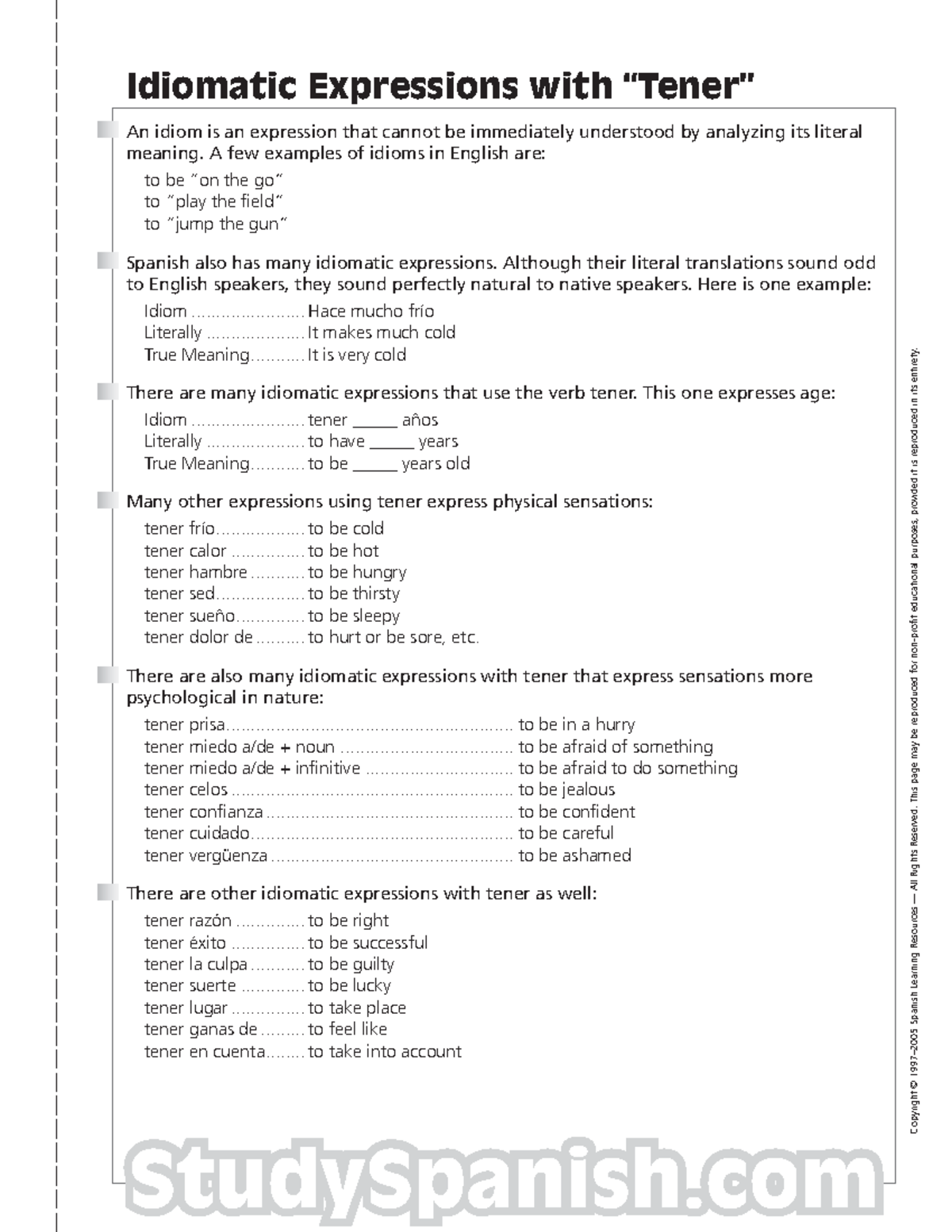 Tener Expressions Handout 2 - StudySpanish Idiomatic Expressions with ...