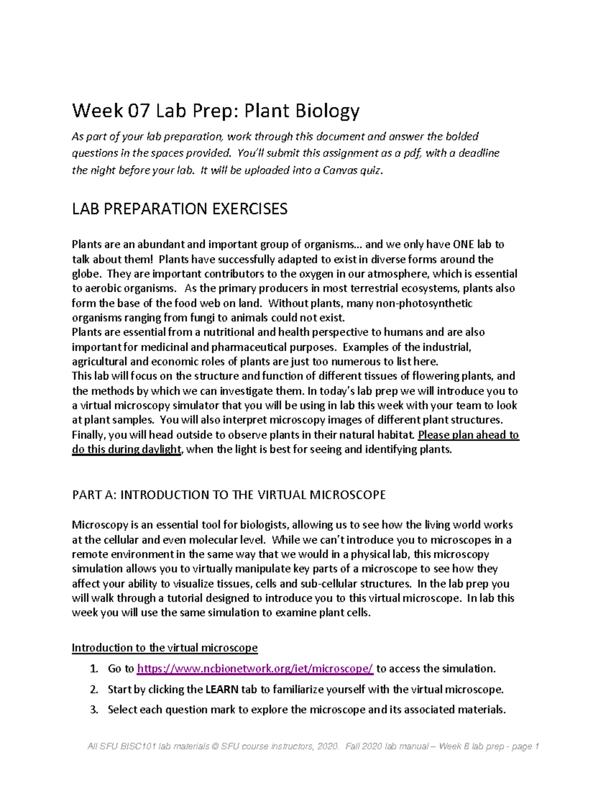 Week 07 Lab Prep for lab - Week 07 Lab Prep: Plant Biology As part of ...