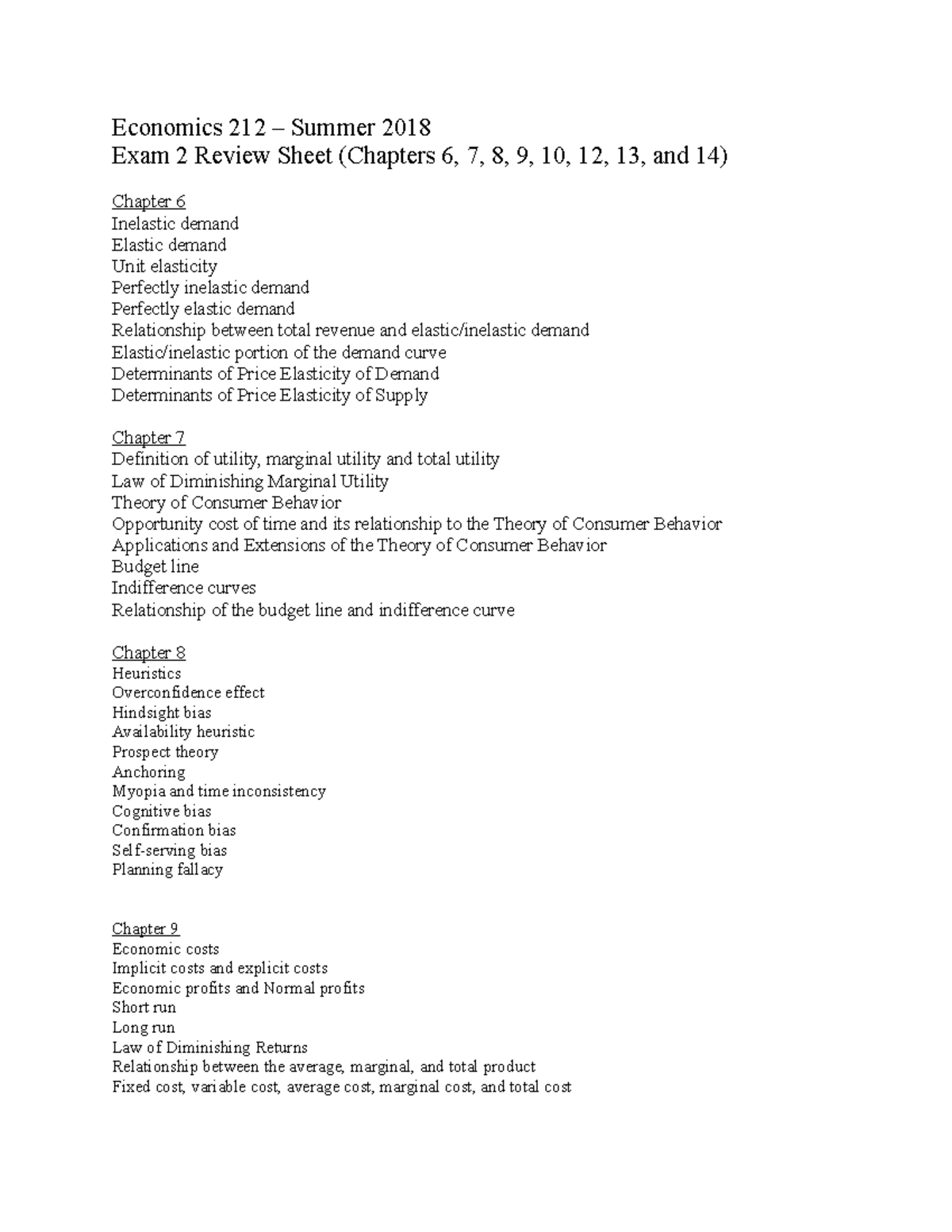 Econ 212 Exam 2 Review Sheet Summer 2018 - Economics 212 – Summer 2018 ...