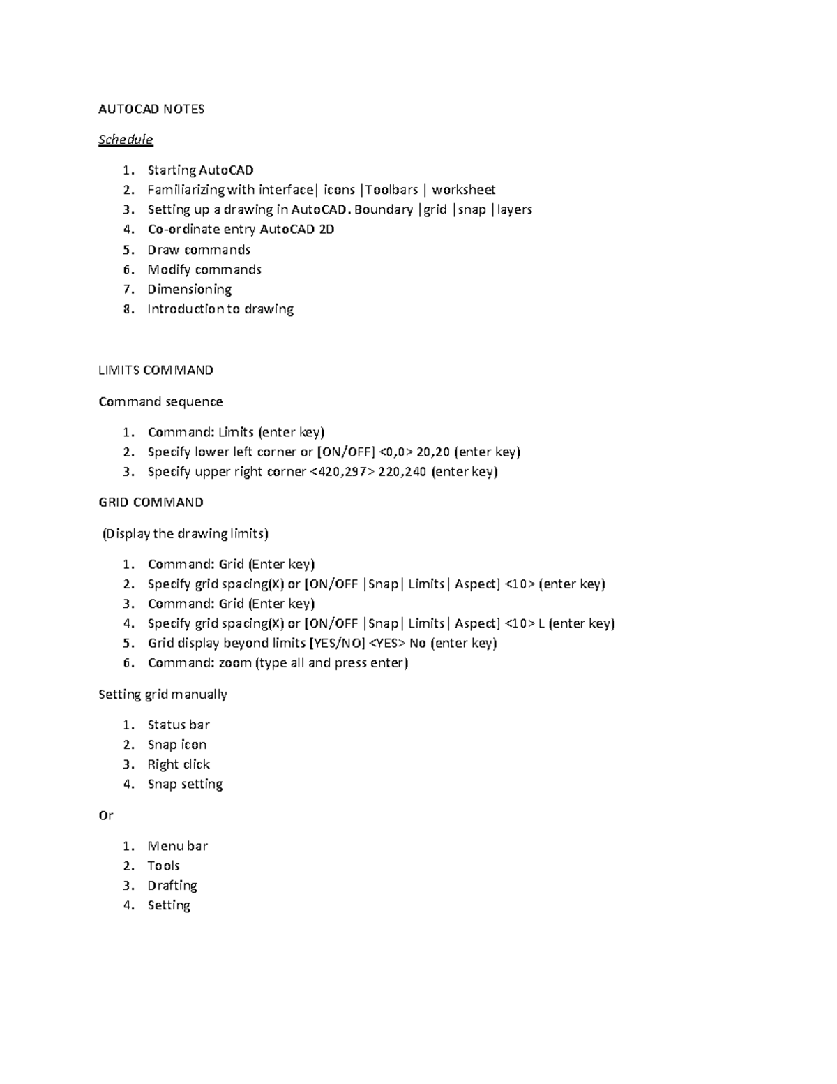 Autocad Notes-1 - AUTOCAD NOTES Schedule Starting AutoCAD Familiarizing ...