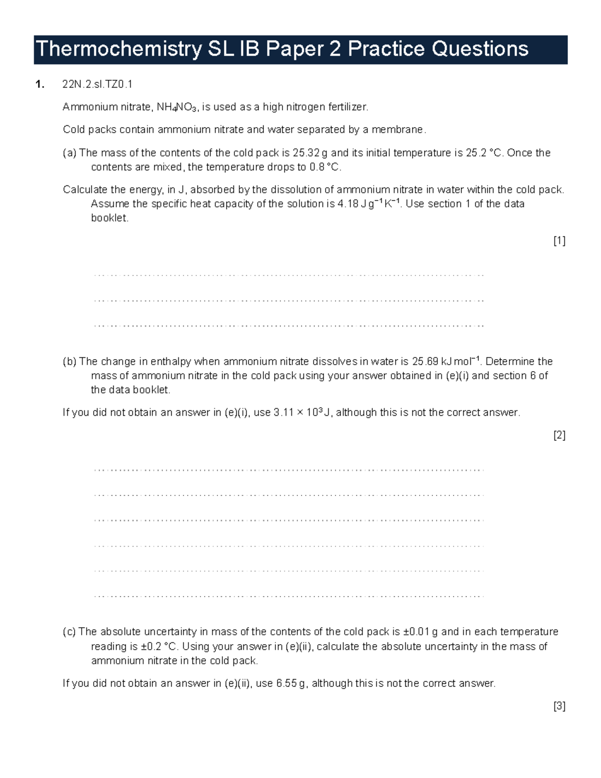 Thermochemistry SL IB Paper 2 Questions Practice - Thermochemistry SL ...