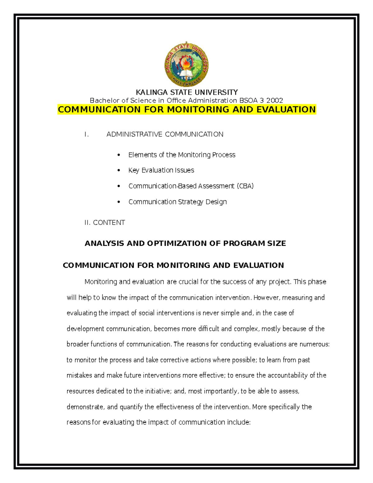Communication FOR Monitoring AND Evaluation - KALINGA STATE UNIVERSITY ...