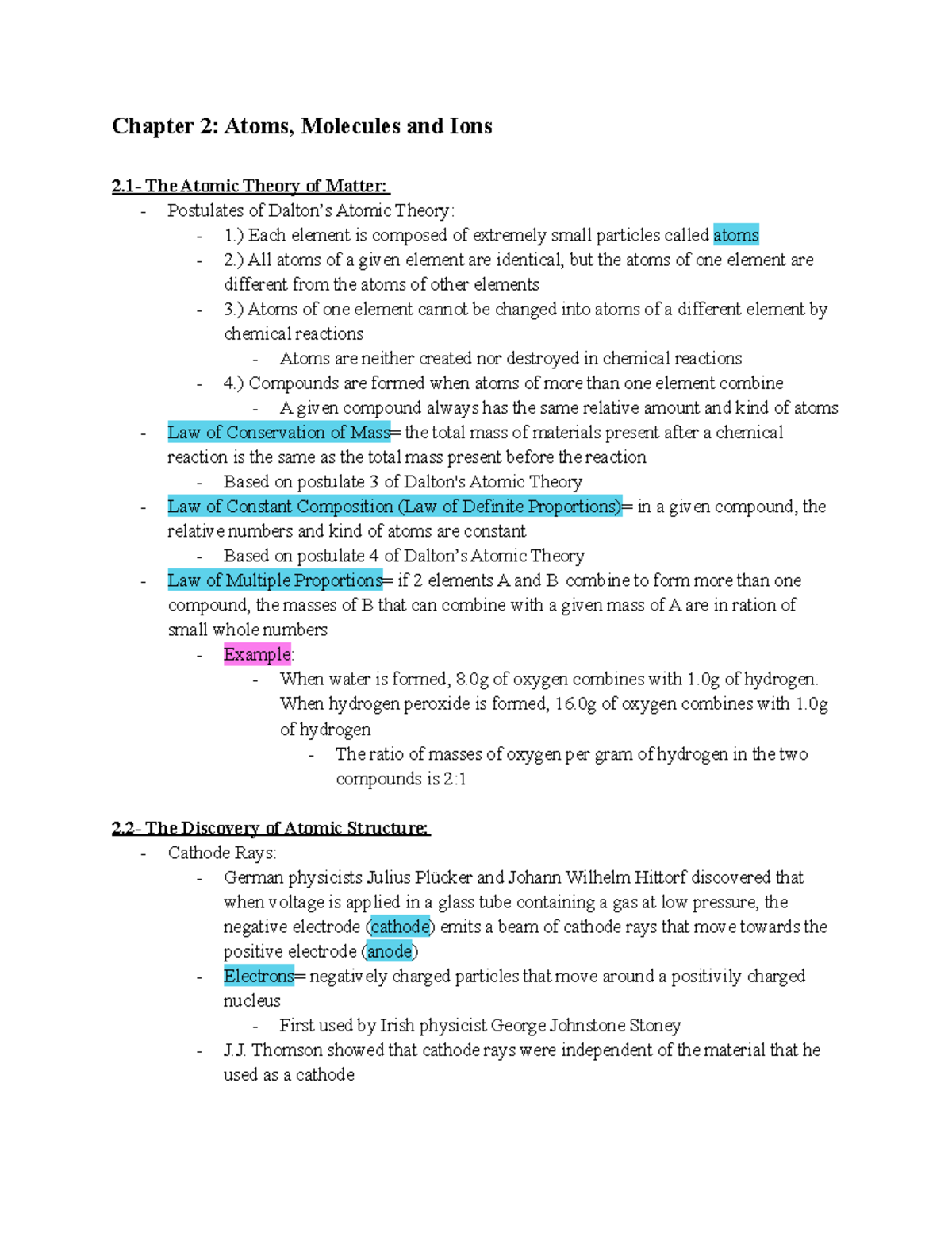 CHM 141: Powerpoint Notes- Chapter 2 - Chapter 2: Atoms, Molecules and ...