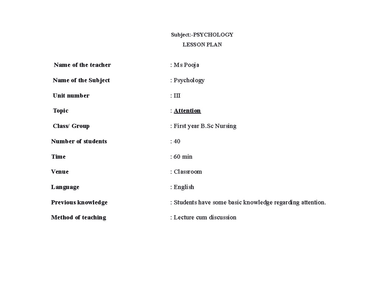Lesson plan on Psychology (attention) - Subject:-PSYCHOLOGY LESSON PLAN ...
