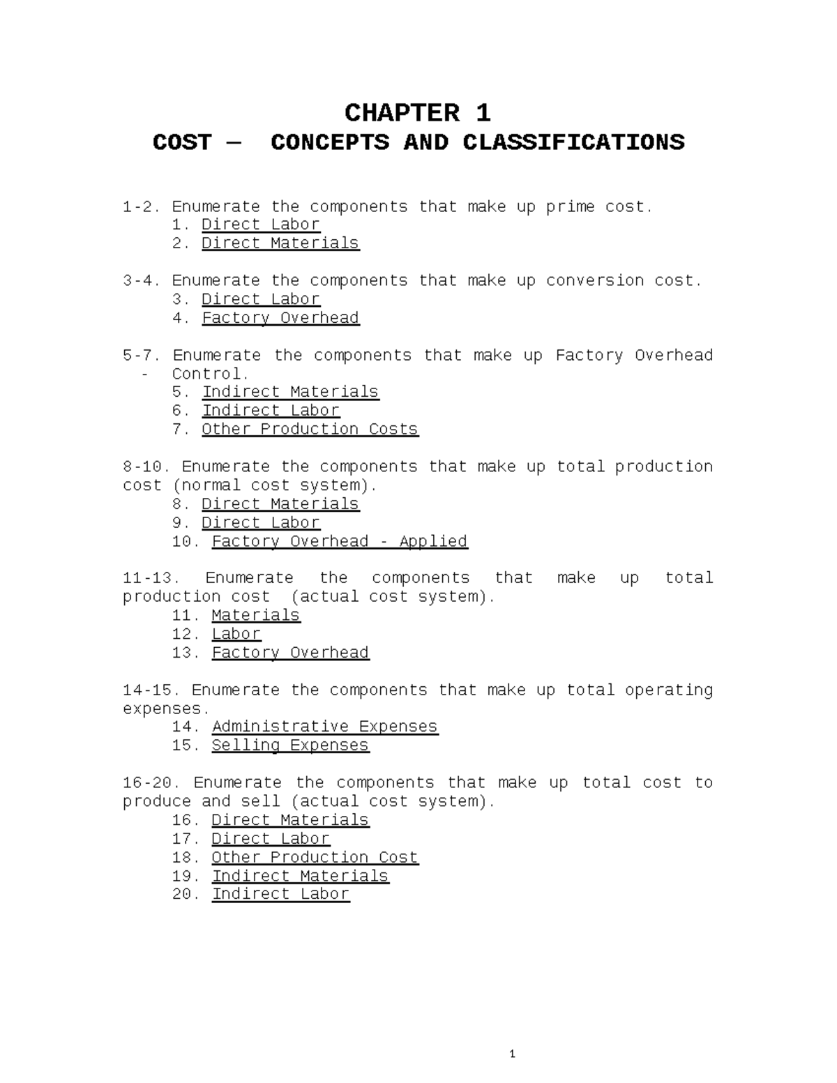 Cost - Lecture notes - CHAPTER 1 COST — CONCEPTS AND CLASSIFICATIONS 1 ...