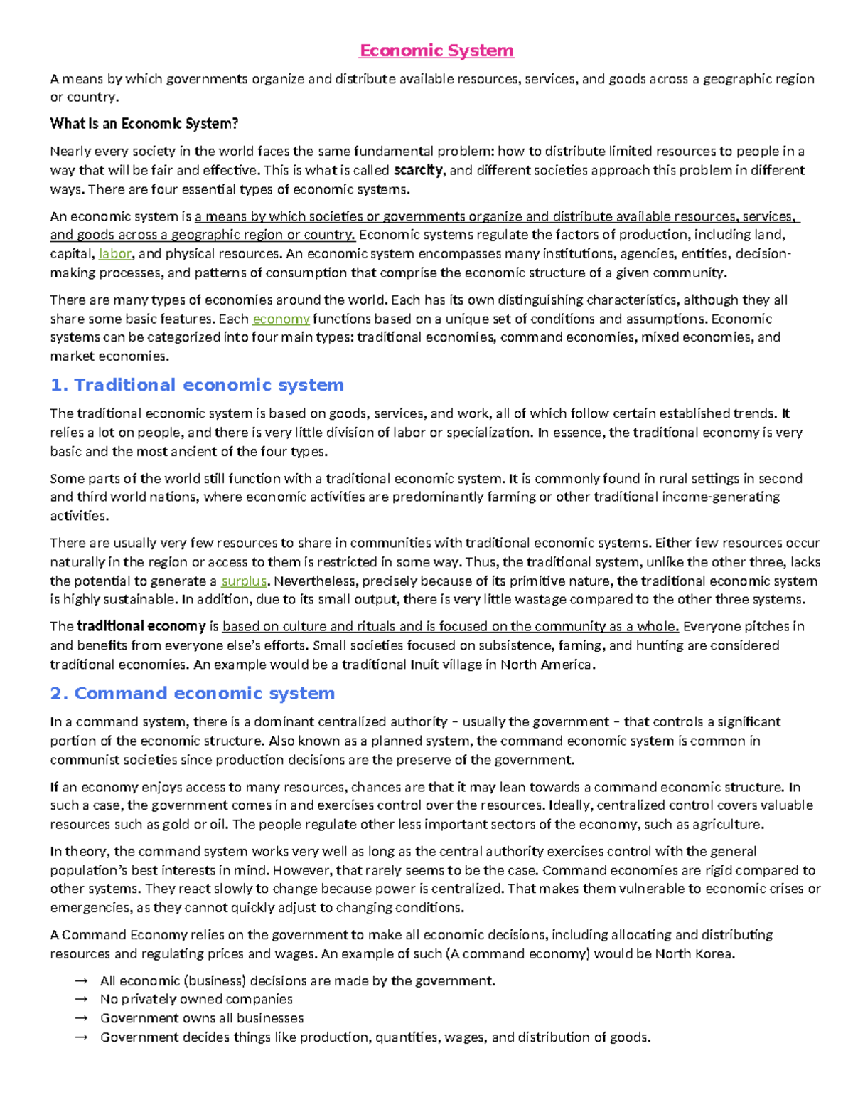 Economic System(s) - Economic System A means by which governments ...