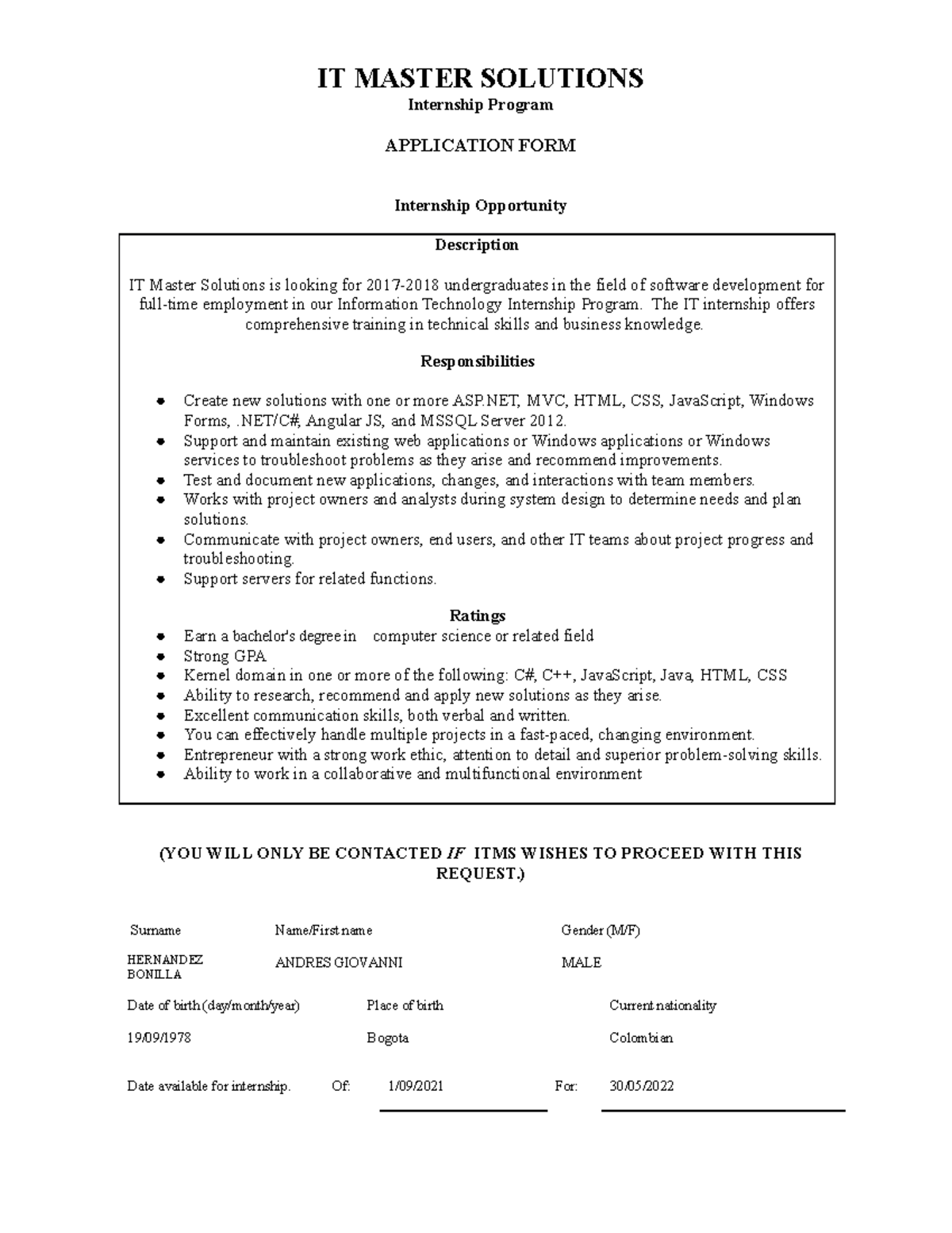 Formato Internship Application Form It Master Solutions Internship Program Application Form