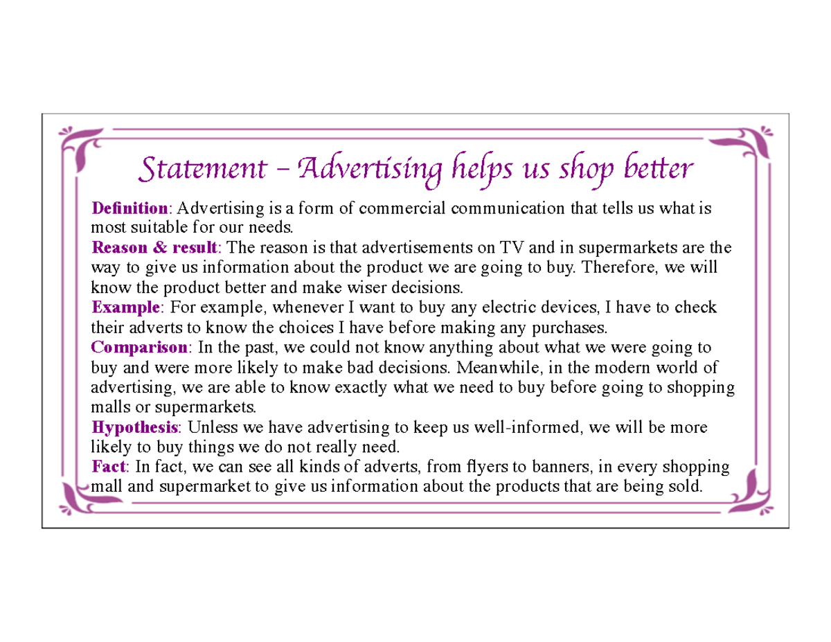 Supporting details - Support students'skills - Statement – Advertising ...