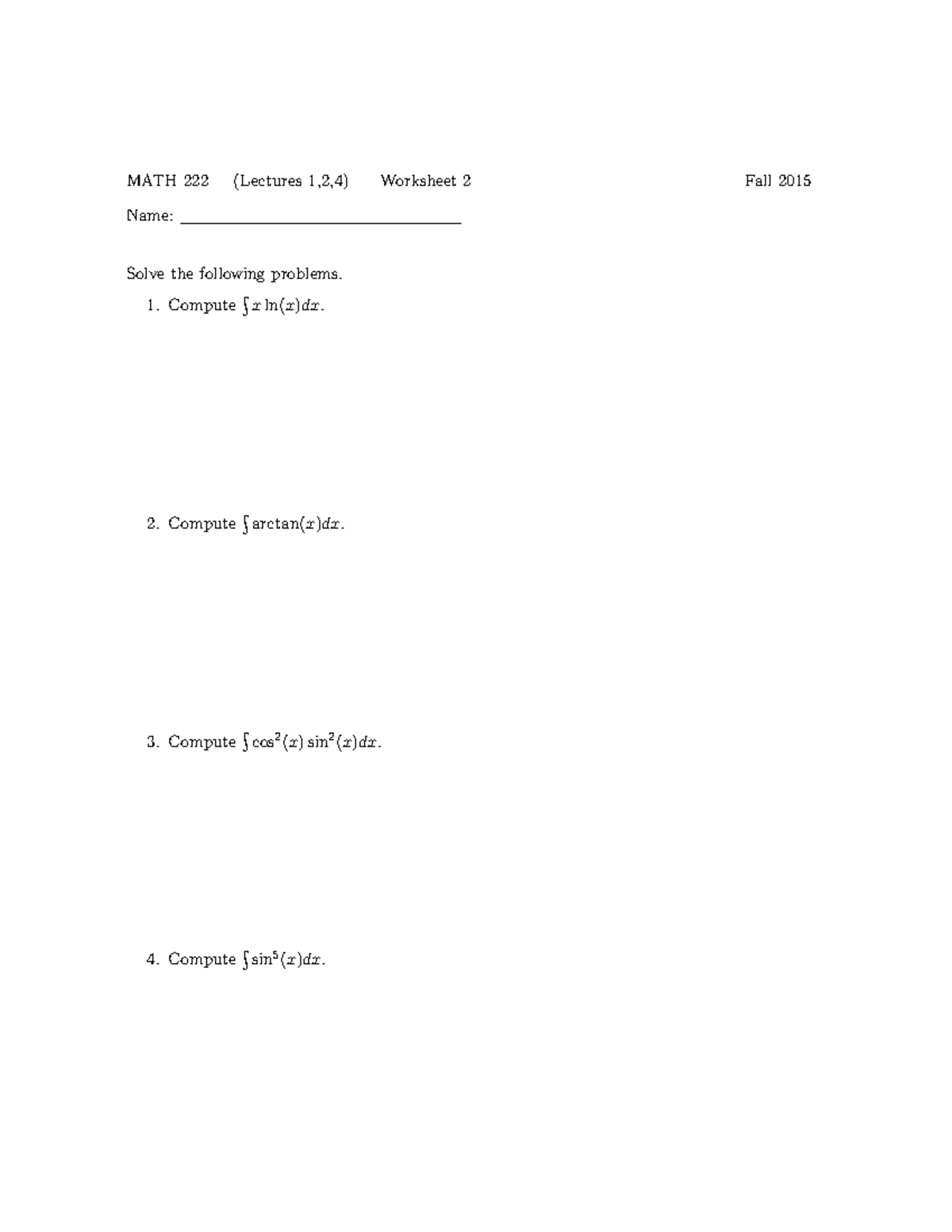Worksheet - good practice - MAC 1105 - MATH 222Name:Solve the following problems. (Lectures 1,2 ...