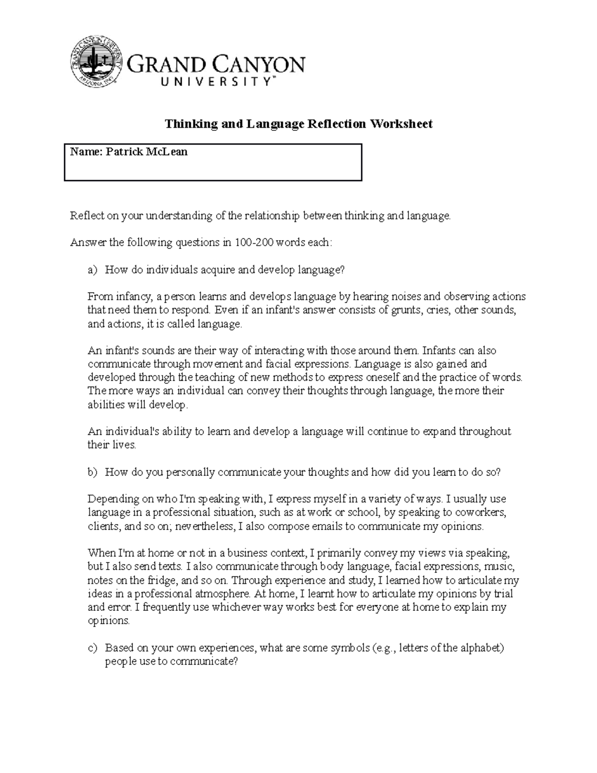 PHI-105 T5 Thinking and Language Reflection Worksheet - Thinking and Language Reflection ...