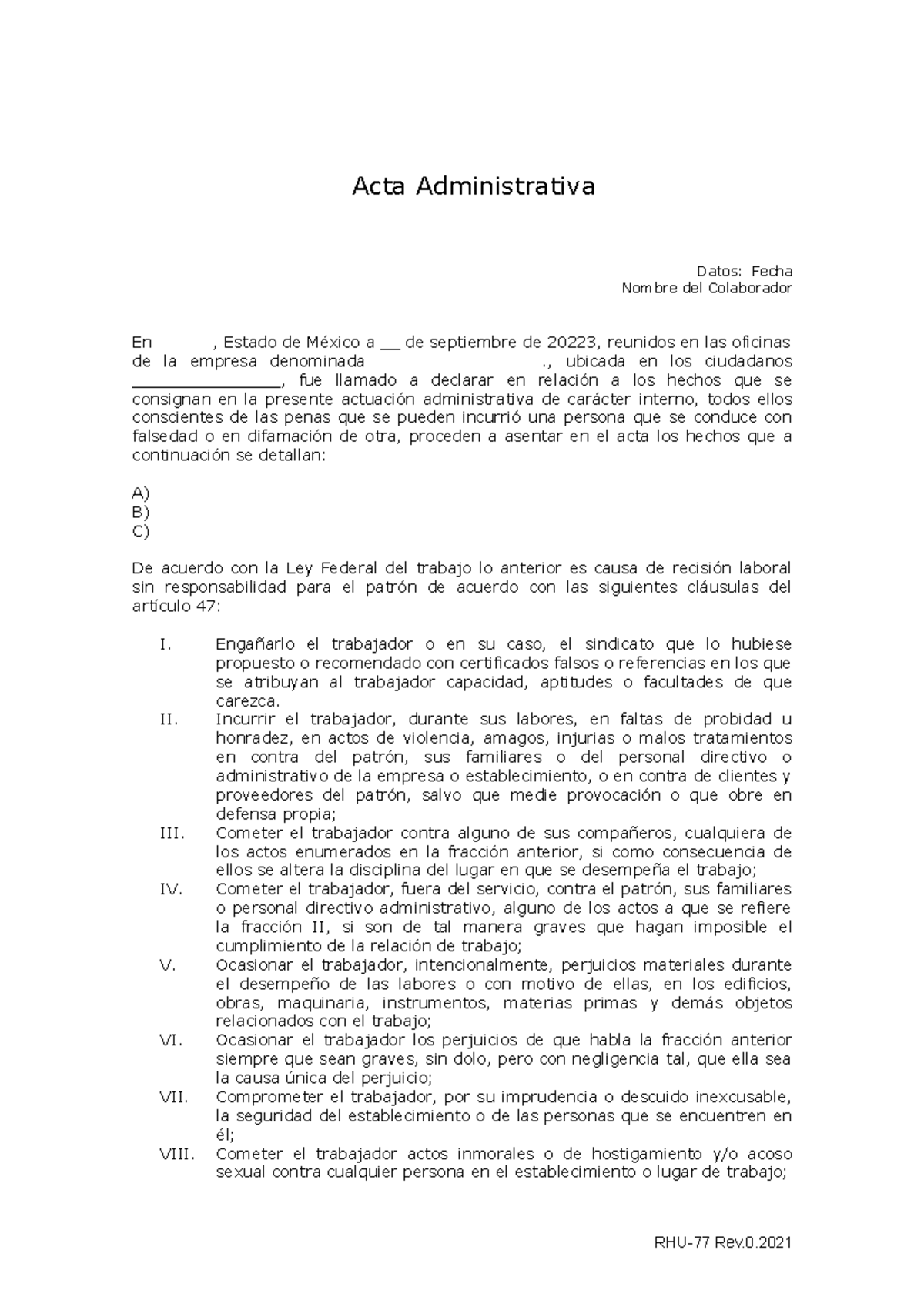 Formato Acta Administrativa Acta Administrativa Datos Fecha Nombre