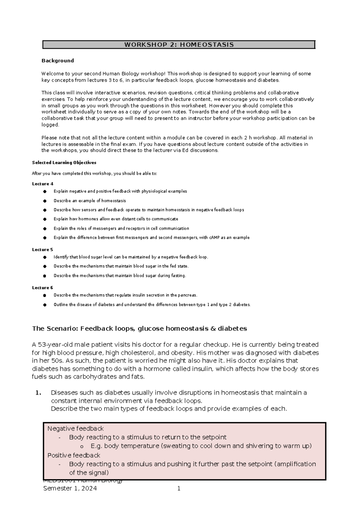 Bioworkshop 2 - WORKSHOP 2: HOMEOSTASIS Background Welcome to your ...
