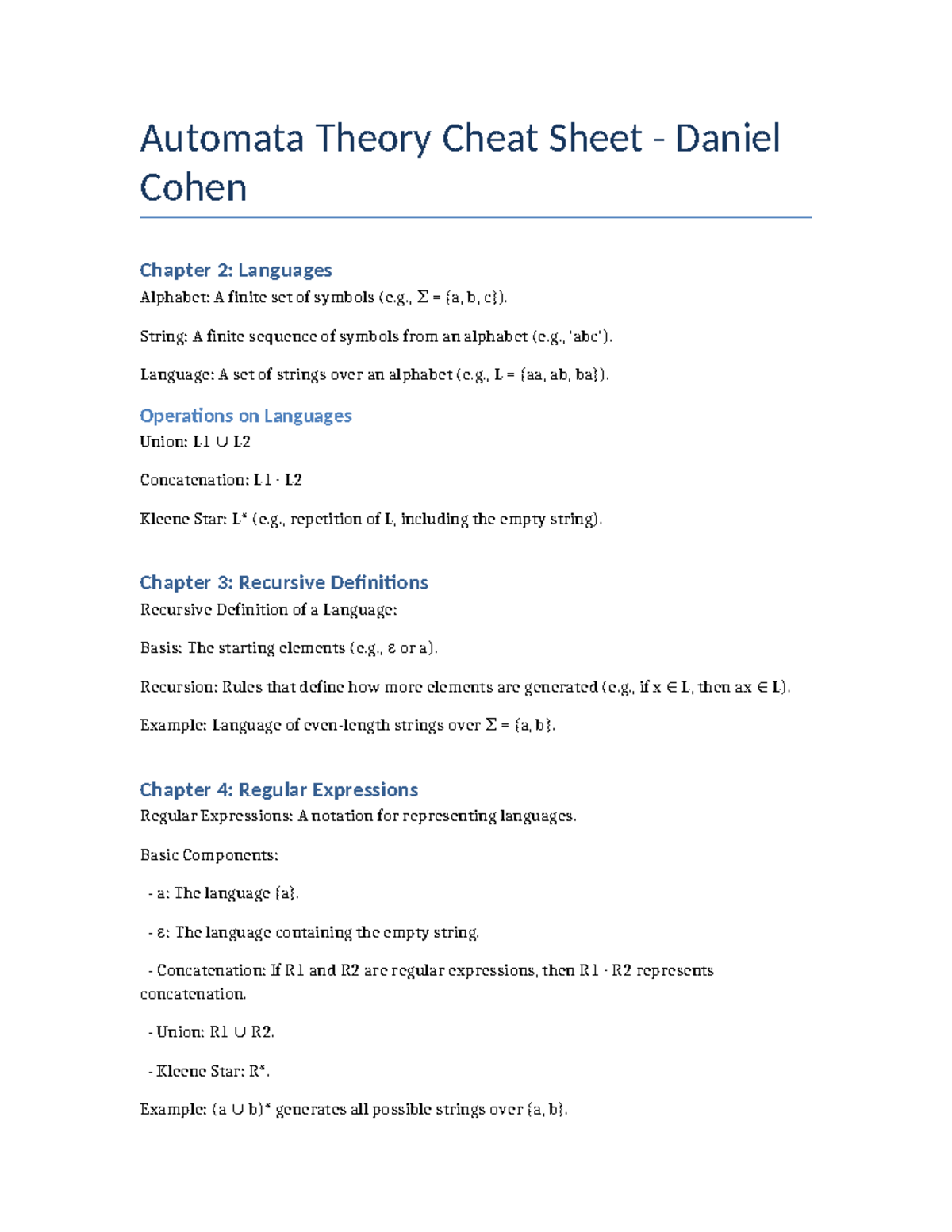 Automata Theory Cheat Sheet - , Σ= {a, b, c}). String: A finite ...
