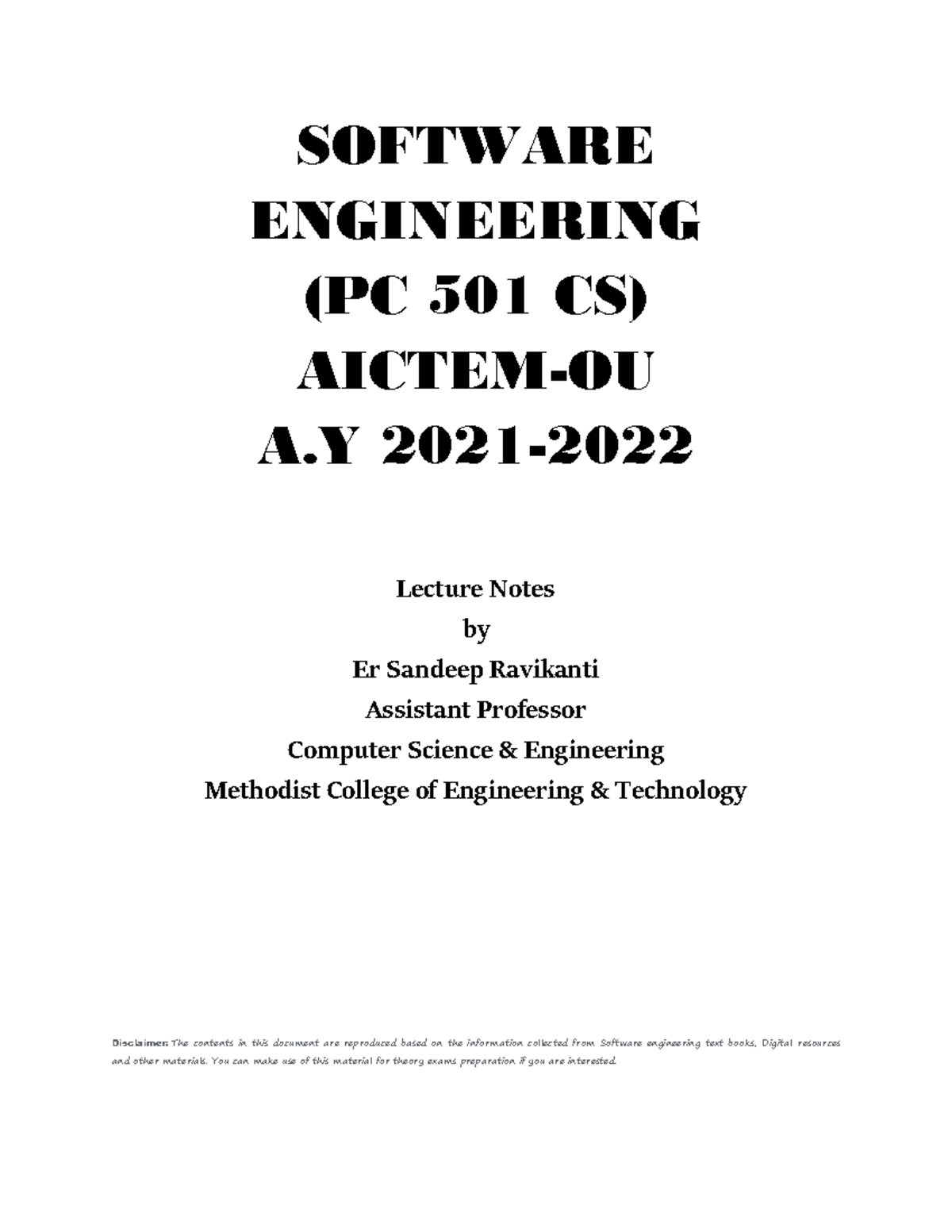 SE LN Final - Software engineering material - SOFTWARE ENGINEERING (PC ...