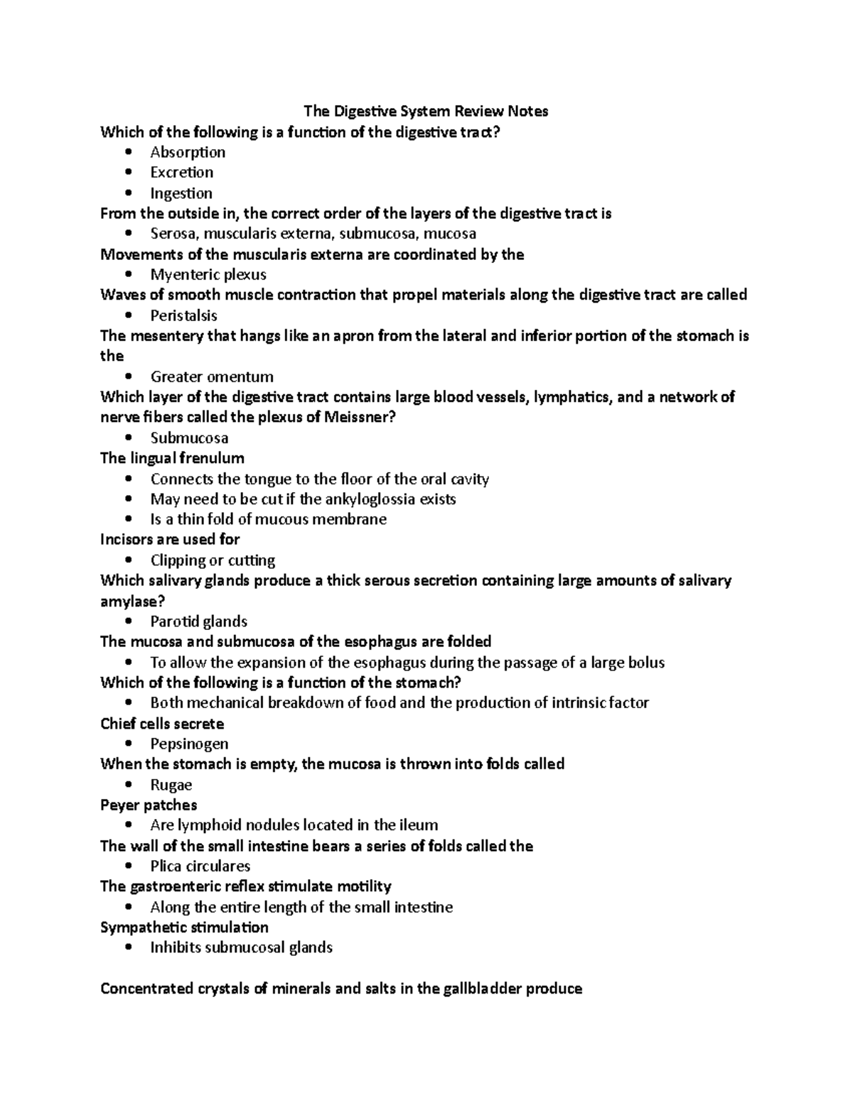 The Digestive System Review Notes - Studocu