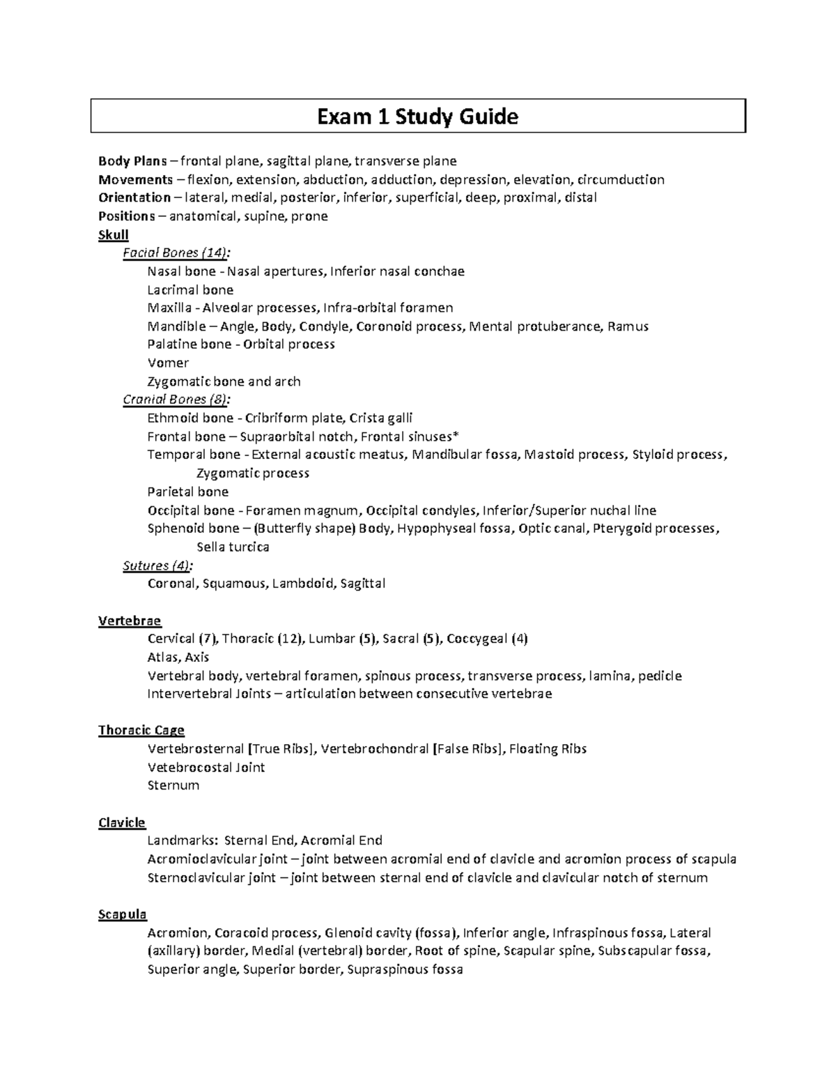 BMCH2400 F17 Exam1 Study Guide - Exam 1 Study Guide Body Plans ...