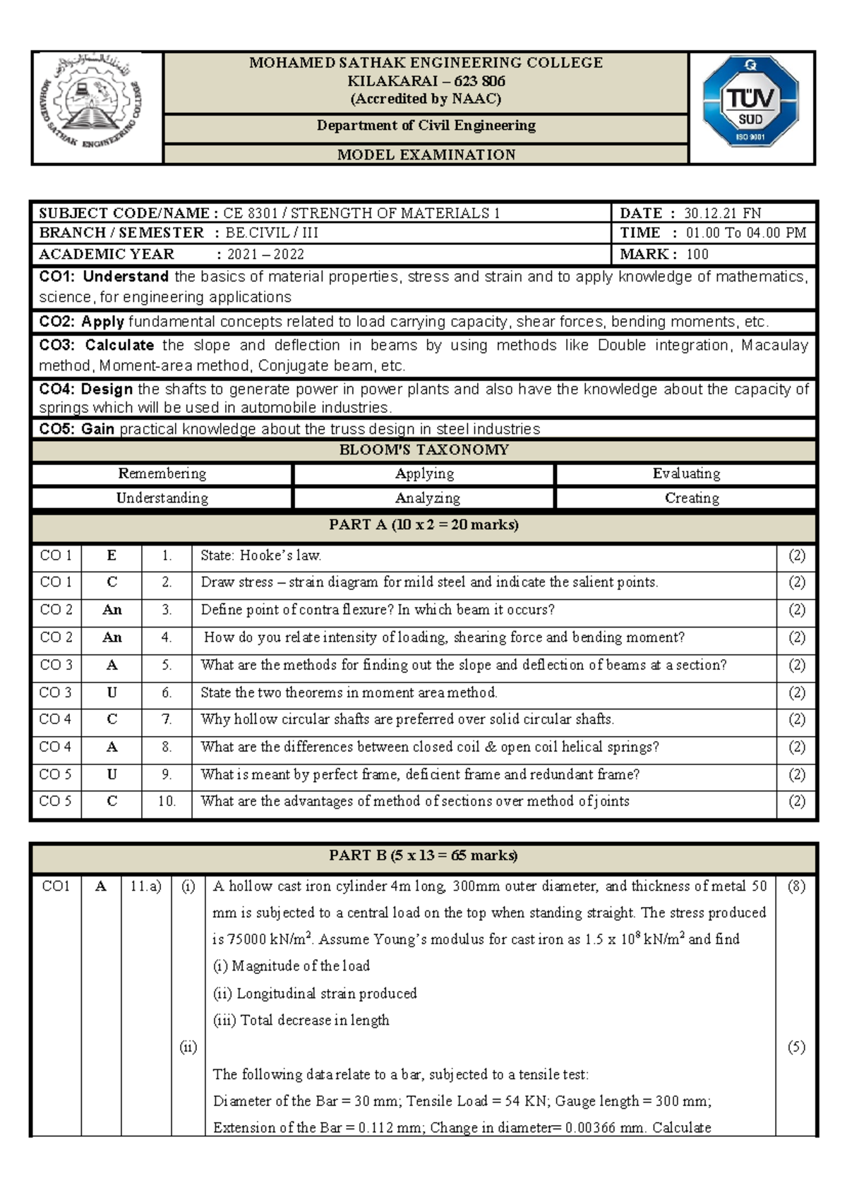 CE 8301 SOM- Model EXAM (2021-2022) - MOHAMED SATHAK ENGINEERING COLLEGE KILAKARAI – 623 806 ...