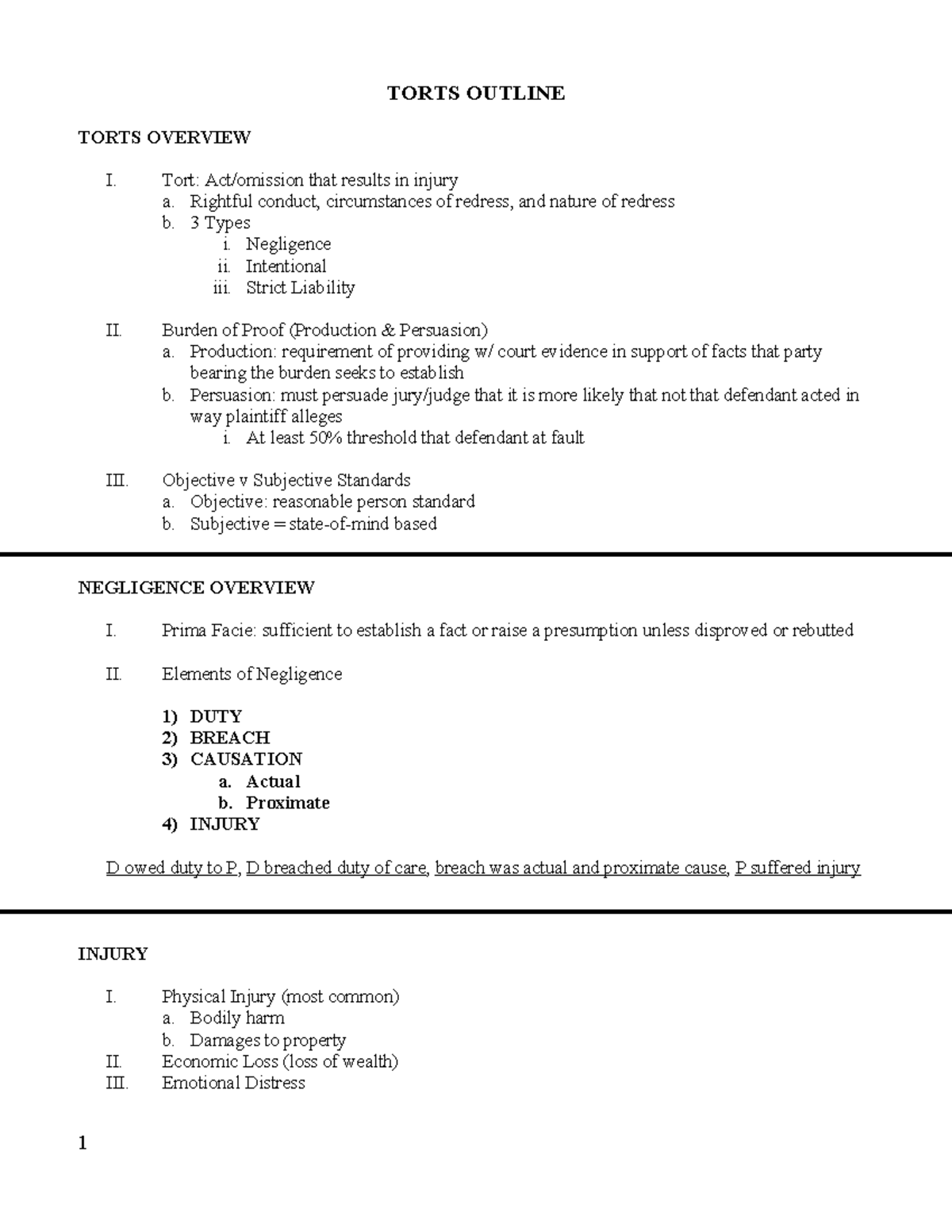 Torts Outline Satz - TORTS OUTLINE TORTS OVERVIEW I. Tort: Act/omission ...