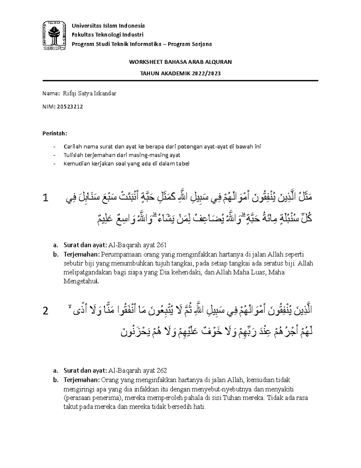 Ws 2 - bahasa arab lecture - Fakultas Teknologi Industri Program Studi ...