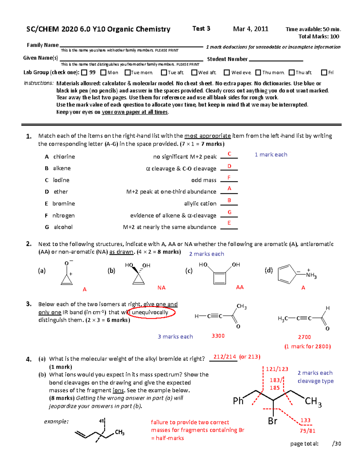 Exam 4 March 2011, questions and answers - 2020 6 Y10 Organic Chemistry ...