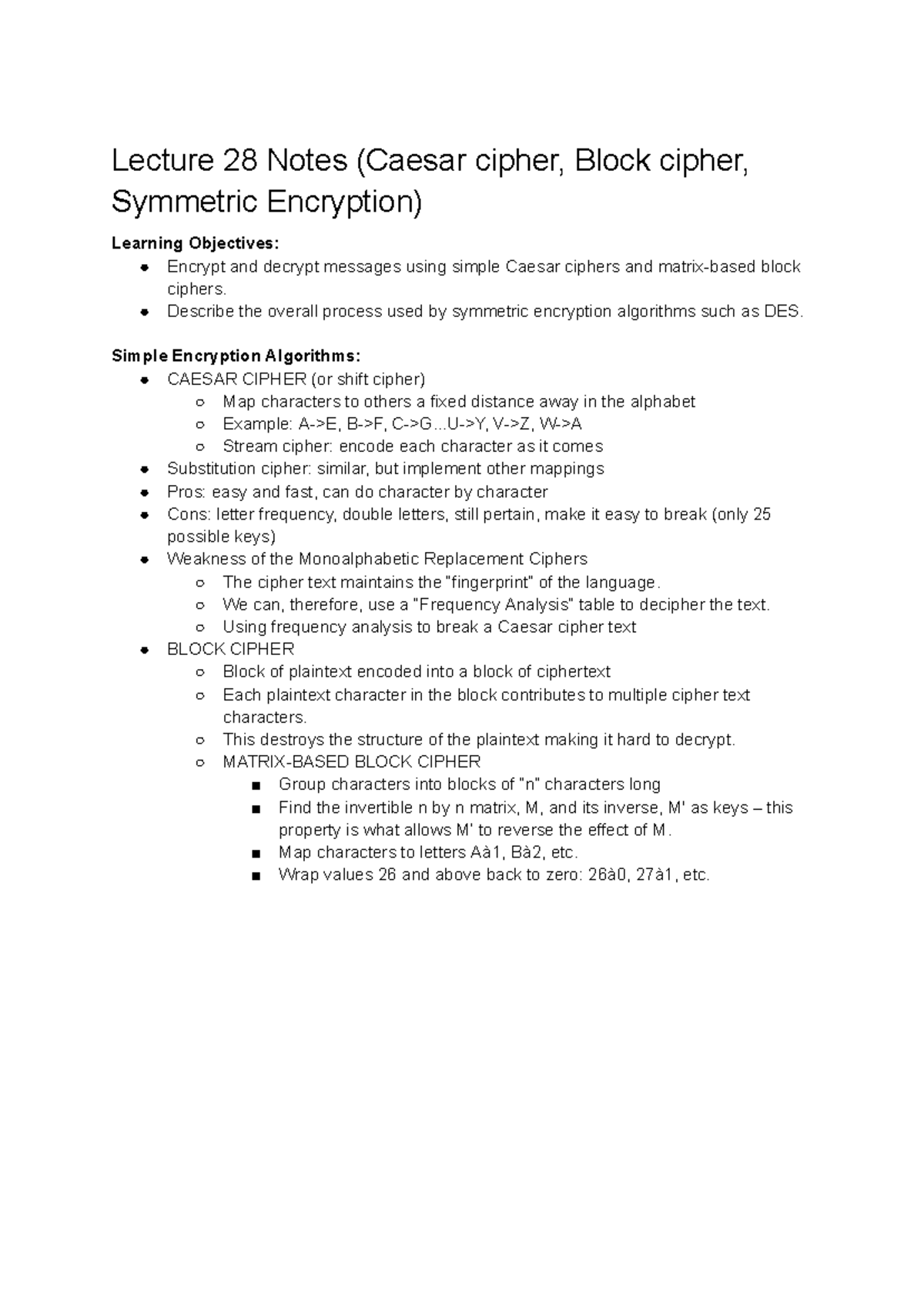 Lecture 28 Notes (Caesar cipher, Block cipher, Symmetric Encryption ...
