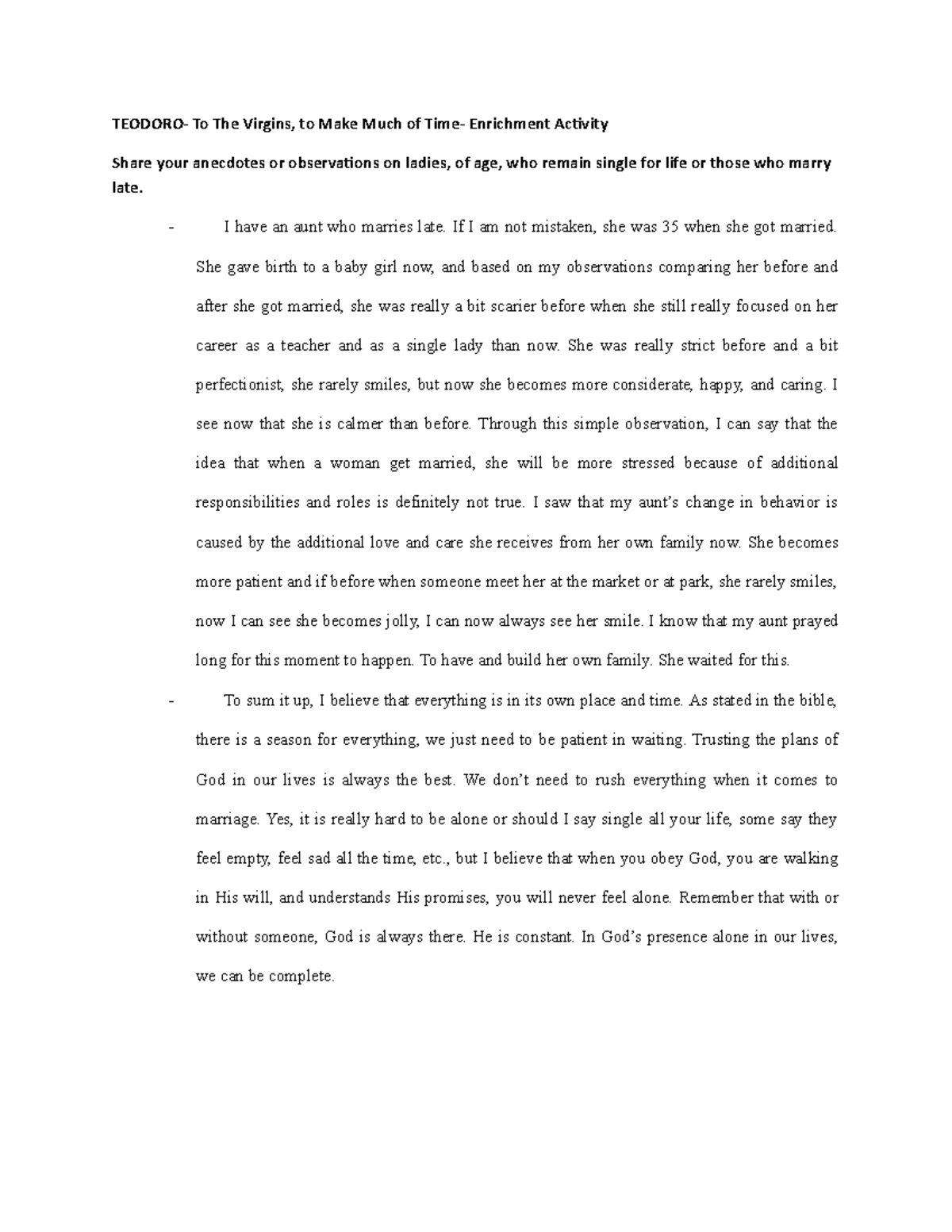 Teodoro-To The Virgins, to Make Much of Time- Enrichment Activity ...