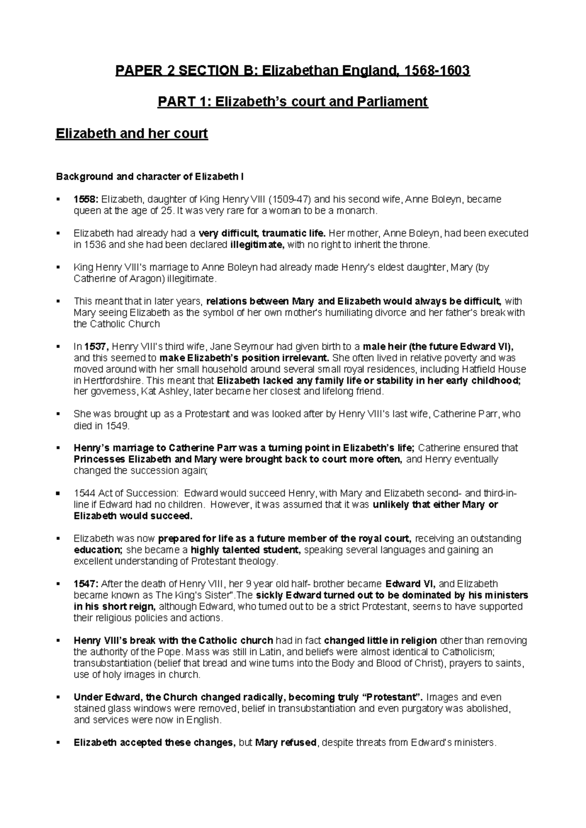 Paper 2 Elizabethan England, 1568-1603 - PAPER 2 SECTION B: Elizabethan ...