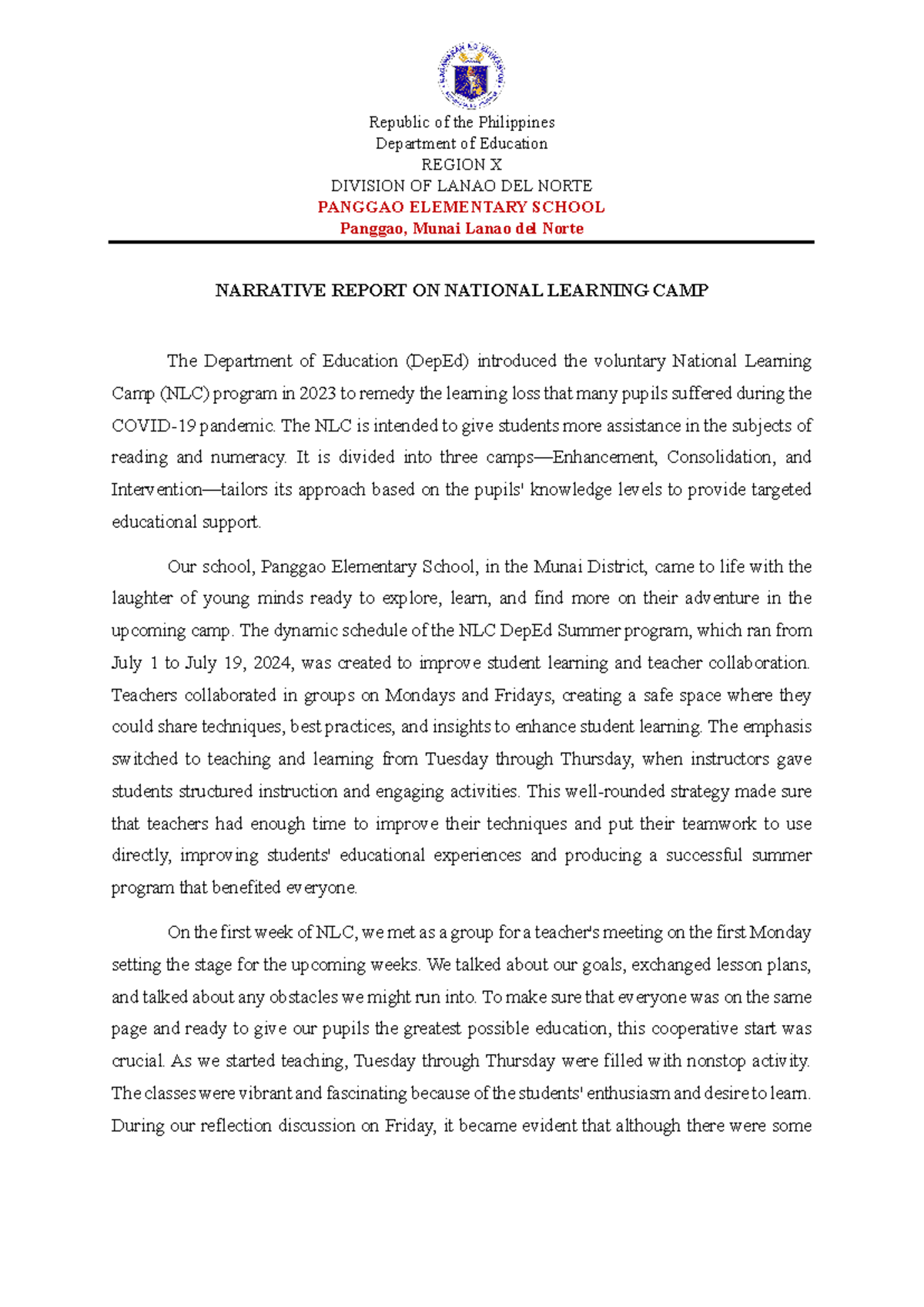 NLC Report - Republic of the Philippines Department of Education REGION ...