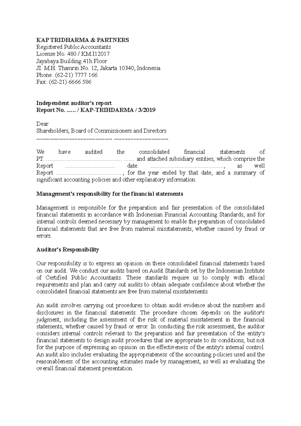 Auditor Report Template FOR ICP Bachelor Accounting - KAP TRIDHARMA ...