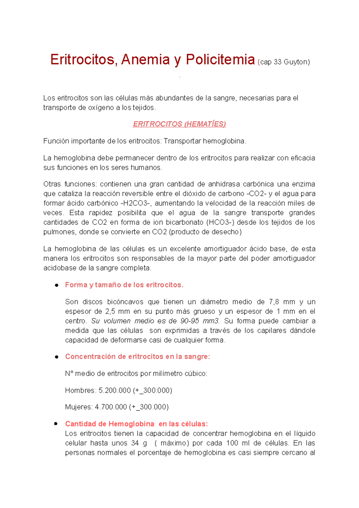 Cap 33 resumen GUYTON ERITROCITOS, ANEMIA Y POLICITEMIA - Eritrocitos, Anemia y Policitemia (cap ...