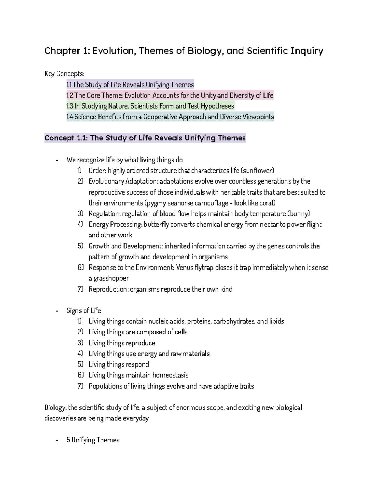 Biology Chapter 1 Notes - Chapter 1: Evolution, Themes of Biology, and ...