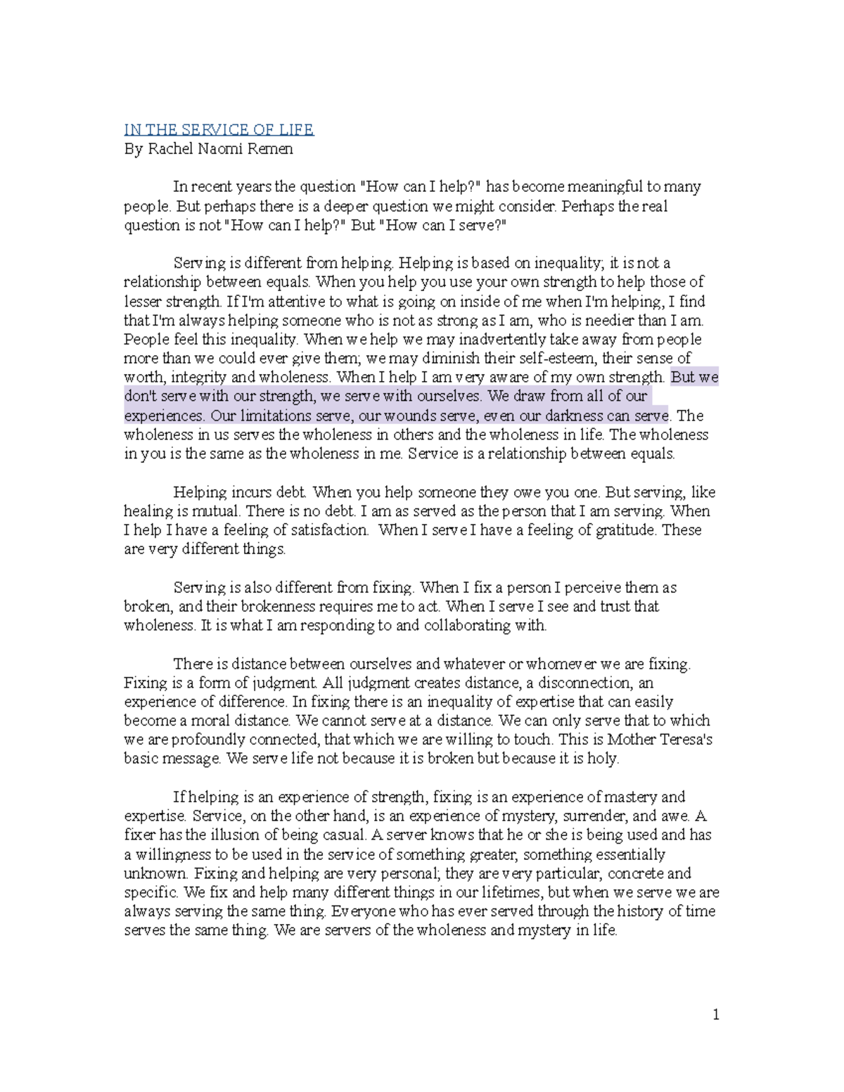 IN THE Service OF LIFE - ARTICLE - IN THE SERVICE OF LIFE By Rachel ...