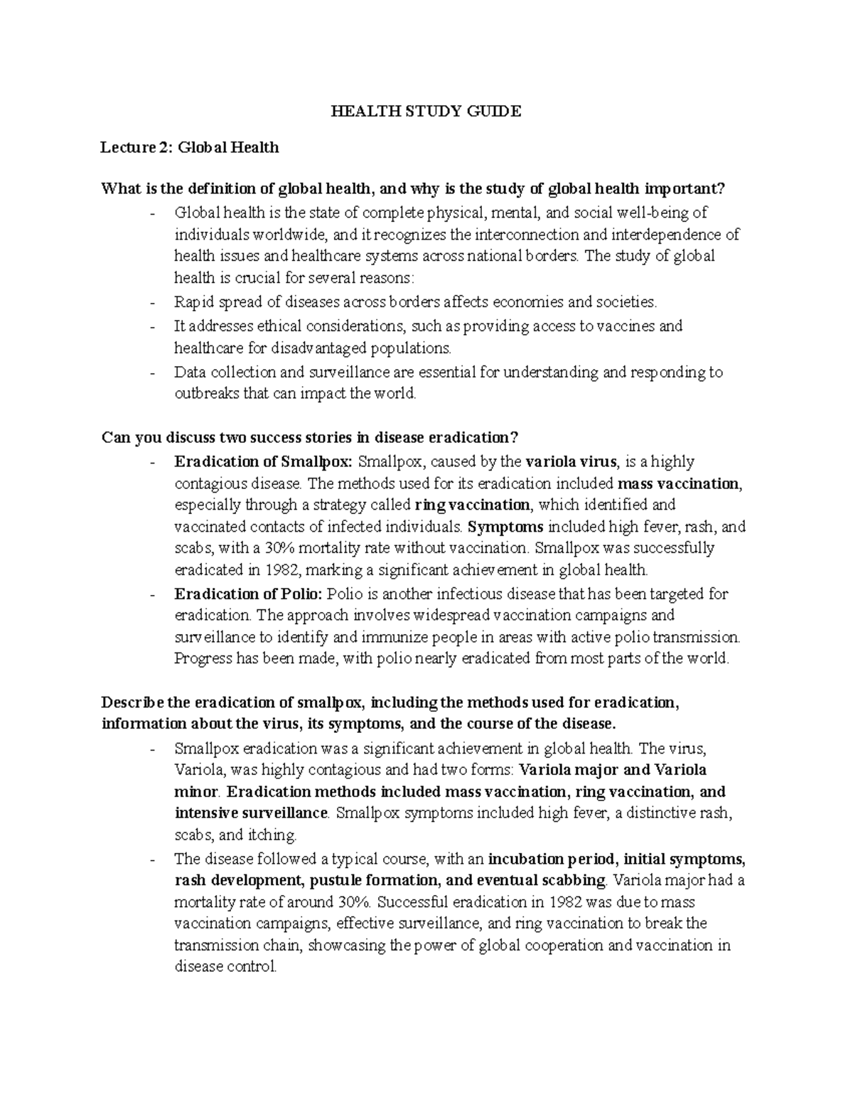 Health Finals Study Guide - HEALTH STUDY GUIDE Lecture 2: Global Health ...