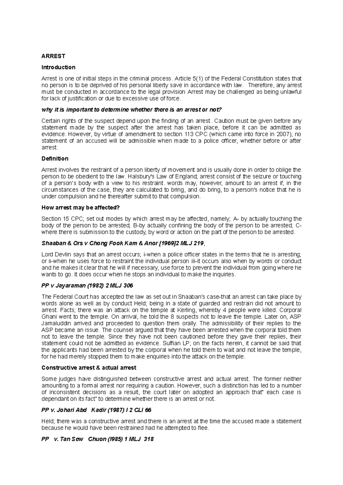 Arrest Notes criminal procedure code - ARREST Introduction Arrest is ...