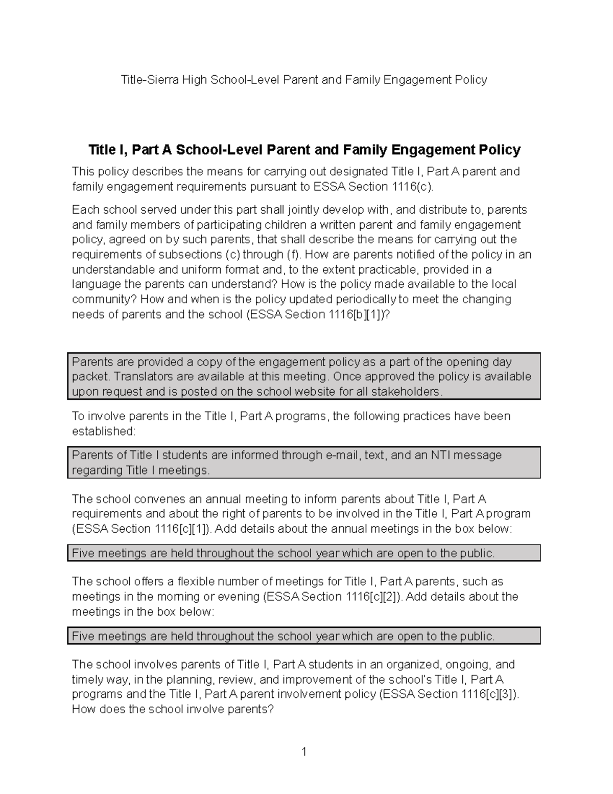 Title I Parent Engagement Policy - Title-Sierra High School-Level ...