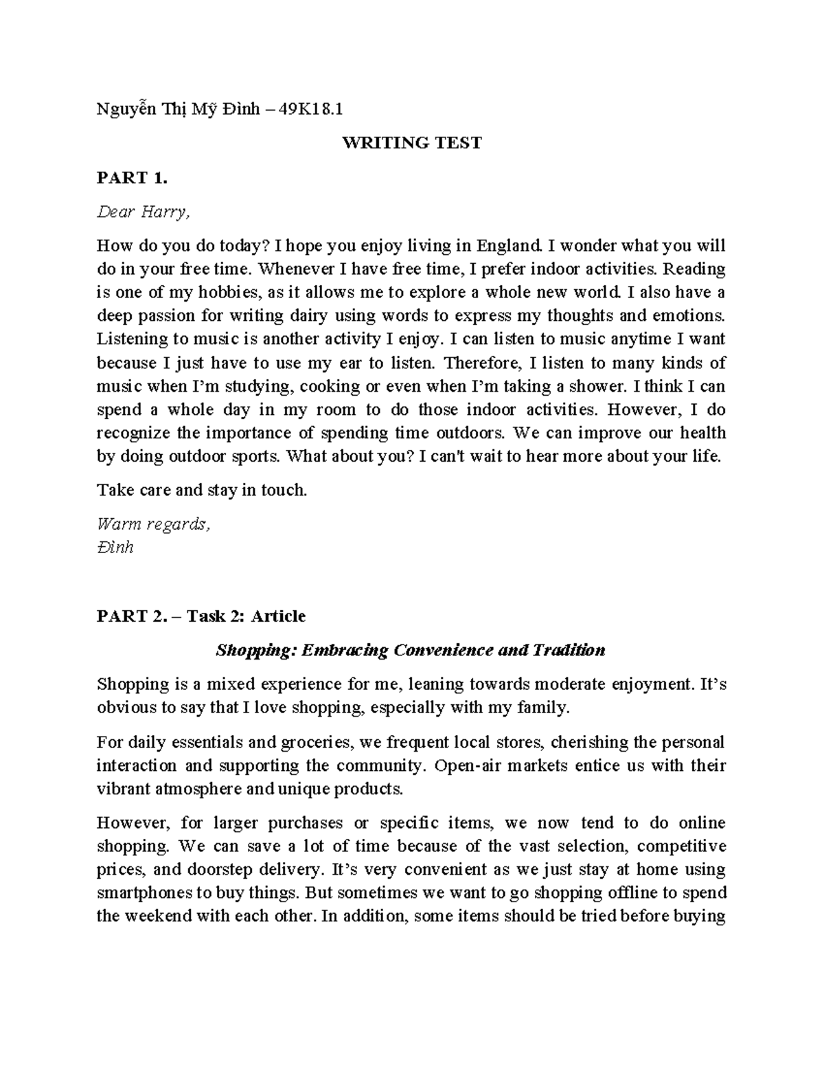 Writing Test B1 - Nguyễn Thị Mỹ Đình – 49K18. WRITING TEST PART 1. Dear ...