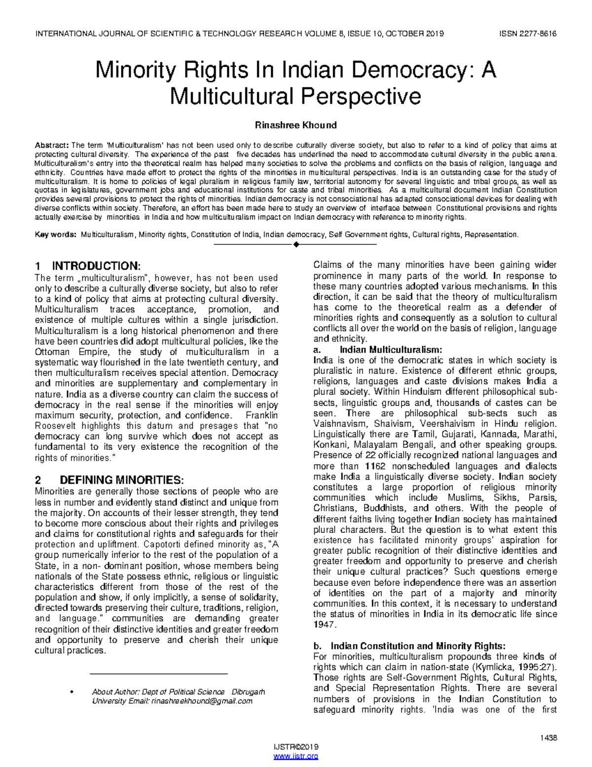 Minority Rights In Indian Democracy A Mu - 1438 IJSTR© Minority Rights ...