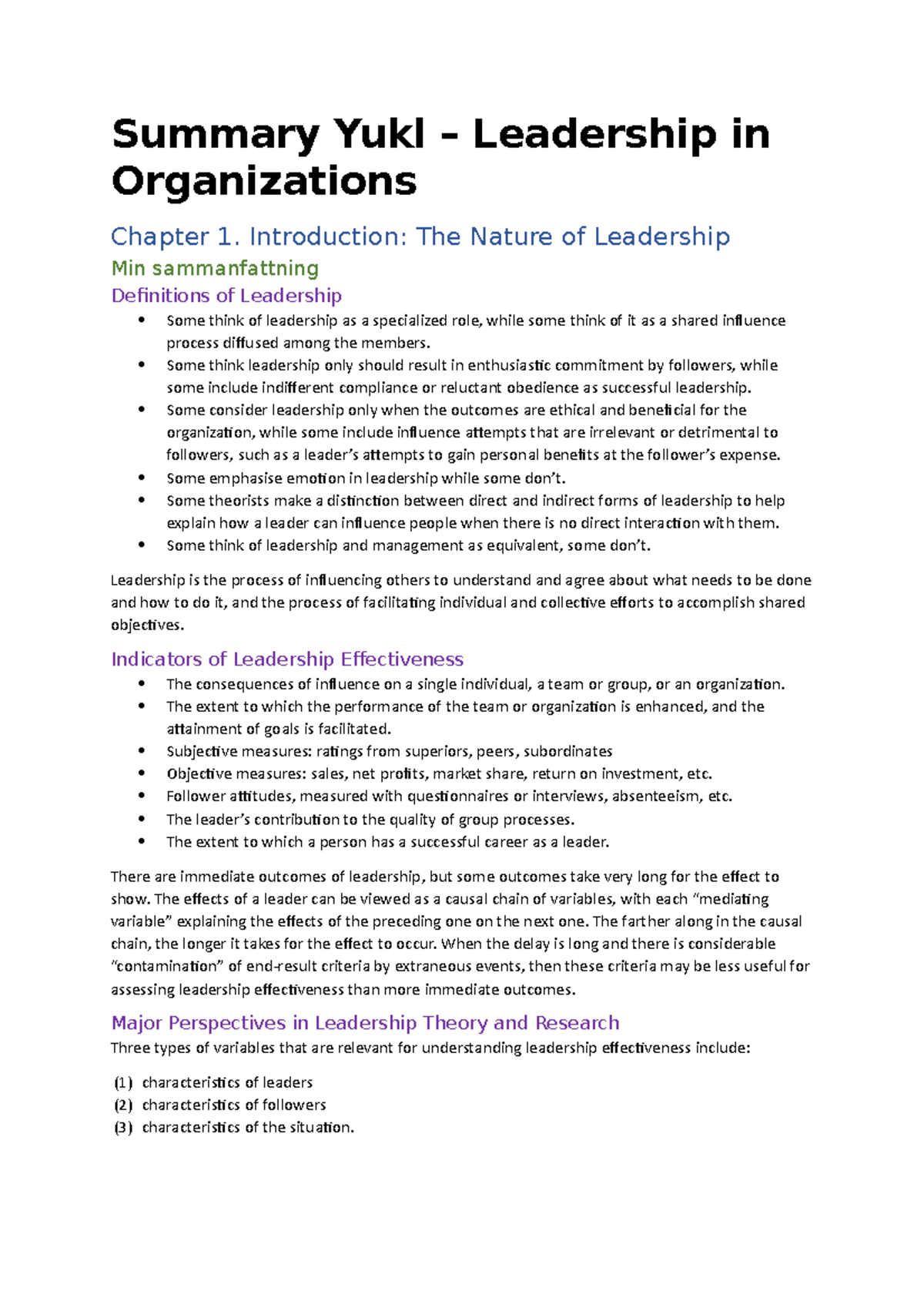 Sammanfattning Yukl - Summary Yukl Leadership in Organizations Chapter ...