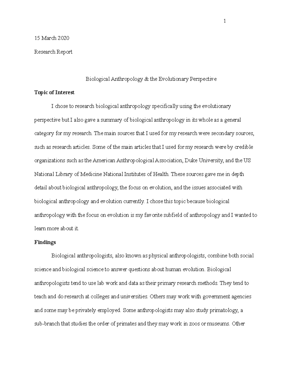 Research Report Anthro - 15 March 2020 Research Report Biological ...