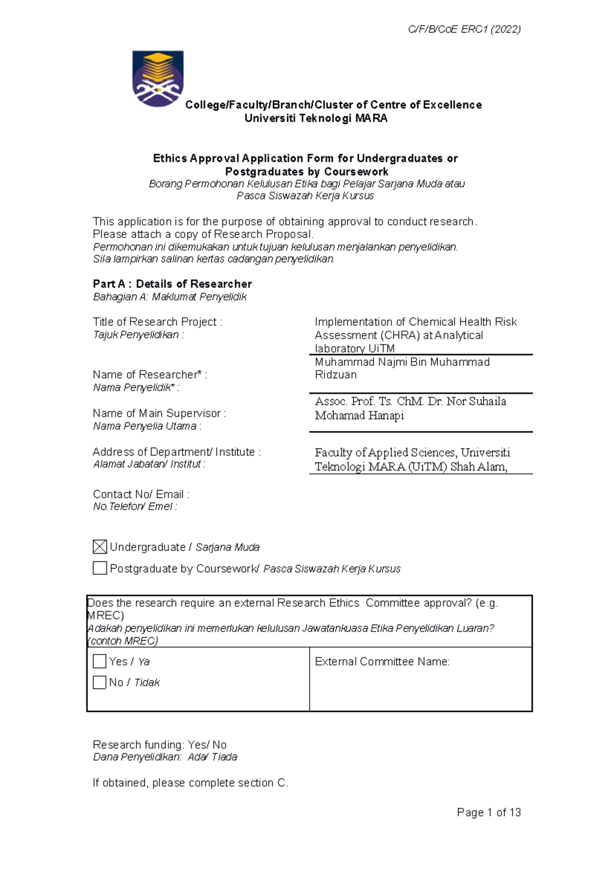C.F.B.Co E ERC 1 Application Form v220705 - College/Faculty/Branch ...