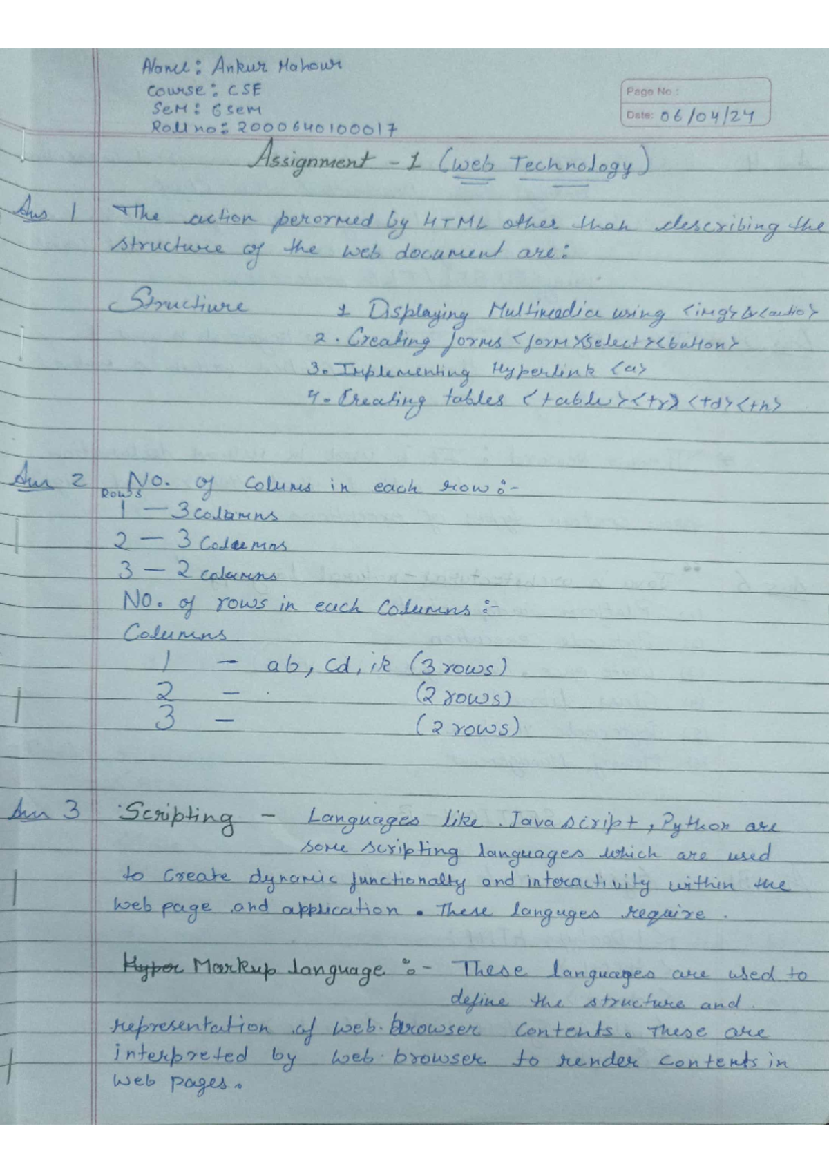 Web-tech assignment-1 - baa 3 AlonL An kur Hahout Rous Cowse cSE SeM 6sem Rolno:2000 64o100l The ...