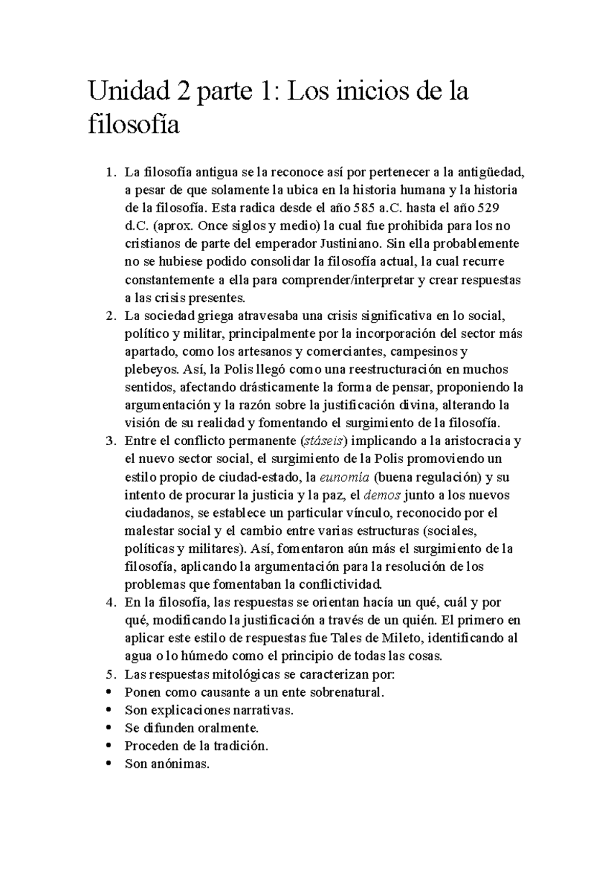 Unidad 2 parte 1 - Los inicios de la filosofía (Recuperado automáticamente) - Unidad 2 parte 1 ...